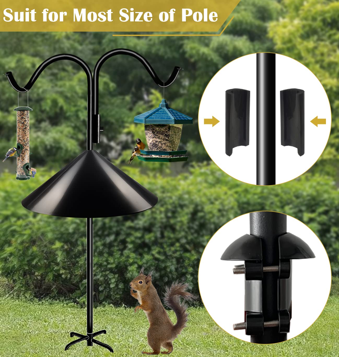Queension Squirrel Proof Baffle, 19-inch Wide Squirrel Guard Stopper for Outdoor Bird Feeder Poles or Outside Shepherd Hooks, Save Bird Houses from Squirrels, Raccoons, and Rodents, Black, 1 Pack…
