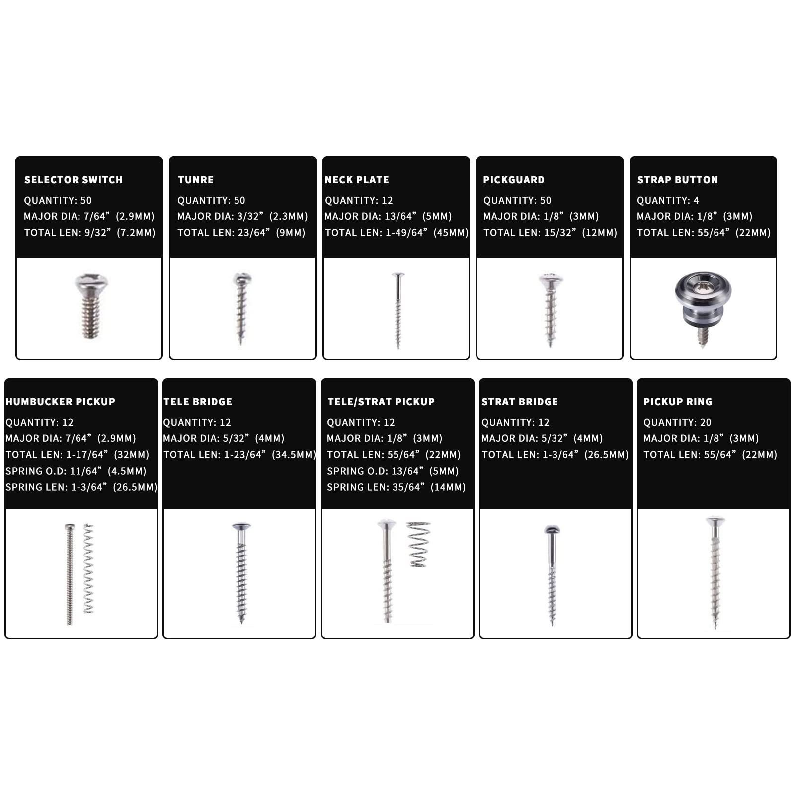 Cheerock Guitar Screws Kit for Electric Guitar Bridge, Pickup, Pickguard, Tuner, Switch, Neck Plate, 254 Pieces Guitar DIY Kit with A Elbow Tweezers (9 Types, Sliver)