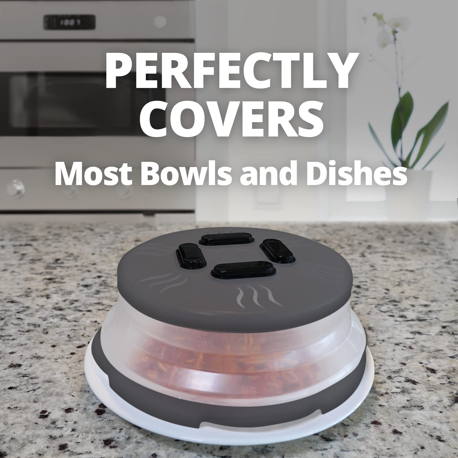 Hover Cover Magnetic Splatter Cover, 10-Inch Clear BPA-Free Food Lid, Vented Plate Guard with Steam Vents, Anti-Splash Microwave Lid, Dishwasher Safe, Space-Saving Magnetic Storage - Charcoal