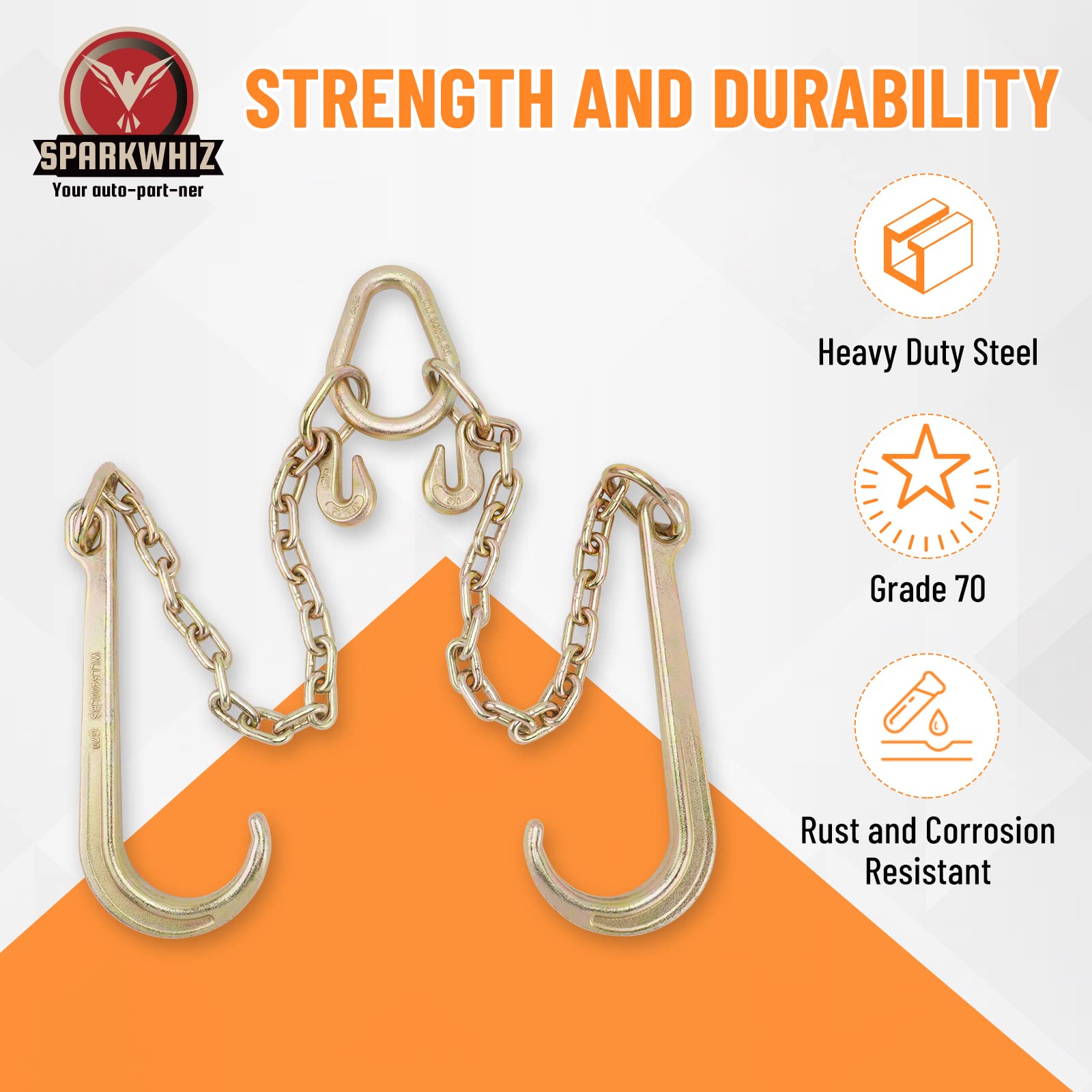 SPARKWHIZ G70 J Hook Tow Chain V Bridle with 15" J Hooks, 5/16'' Grab Hooks, 2ft Legs, Flatbed Truck Safety Chains 5,400 lbs