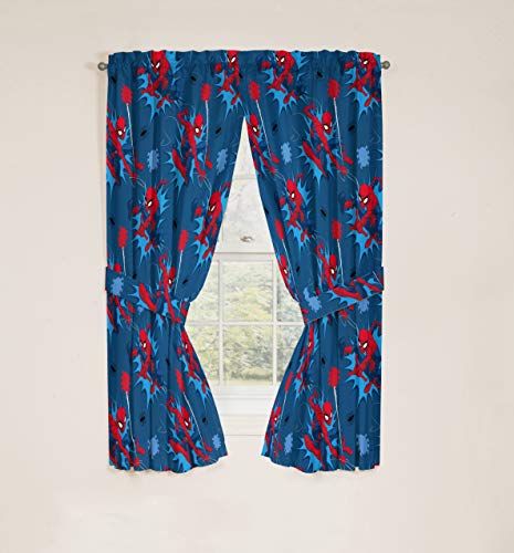 Jay Franco Kids Window Drapes - 4 Piece Curtain Set Includes 2 Tiebacks, Beautiful Bedding Room Décor and Easy Set Up, Blue - Spiderman, 63 Inch