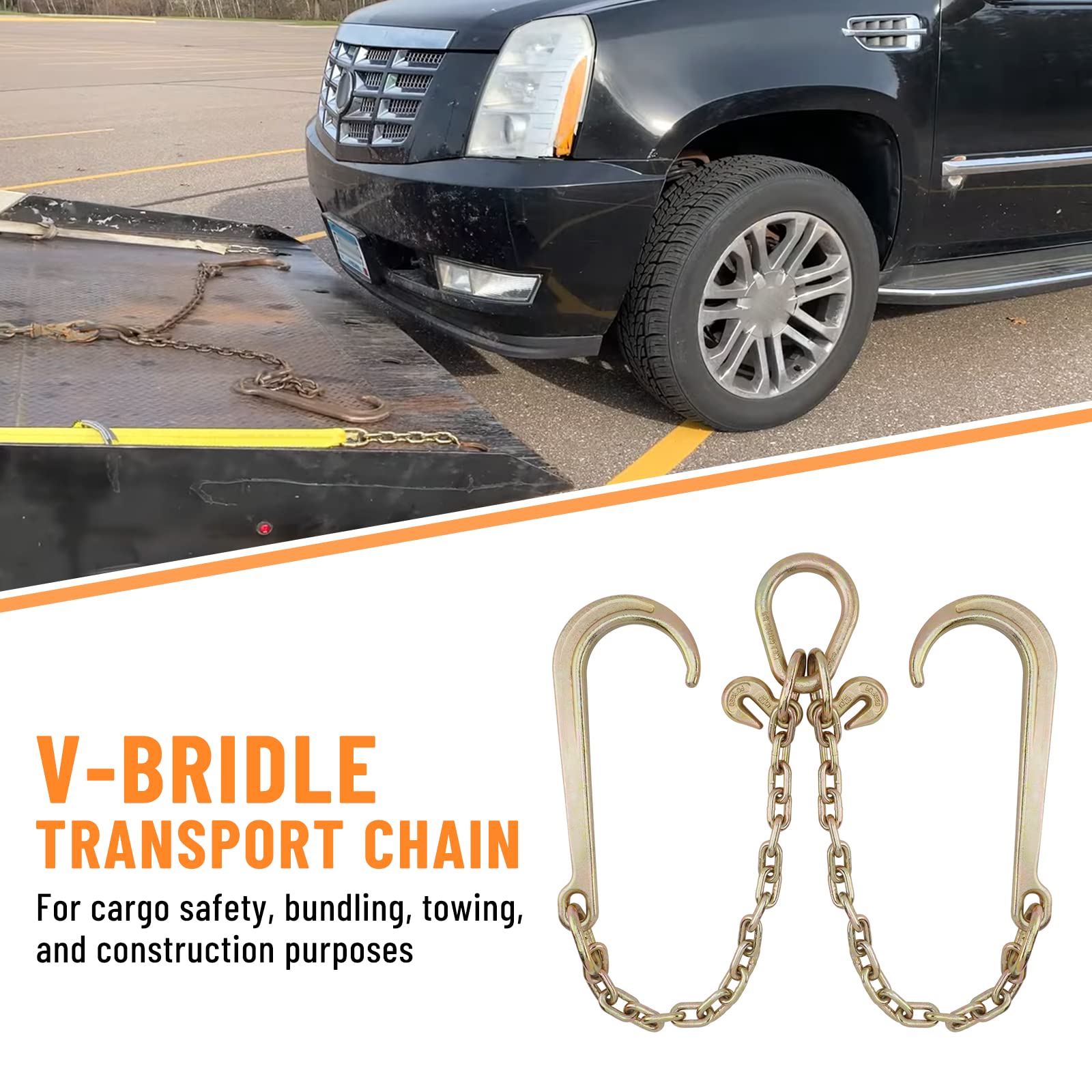 SPARKWHIZ G70 J Hook Tow Chain V Bridle with 15" J Hooks, 5/16'' Grab Hooks, 2ft Legs, Flatbed Truck Safety Chains 5,400 lbs