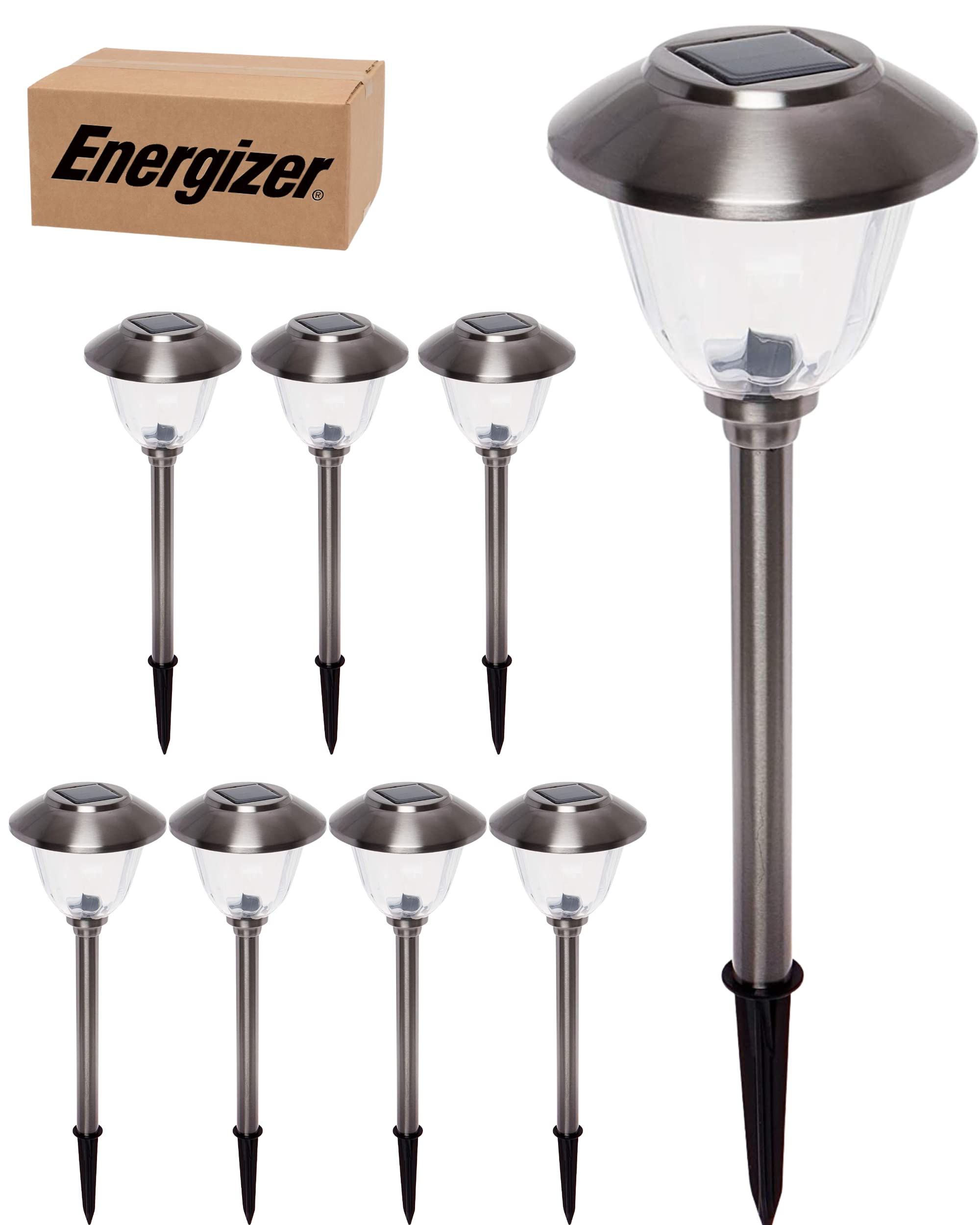Energizer LED Solar Pathway Lights - 8 Pack of [Stainless Steel] Outdoor Solar Lights - IP65 Waterproof w/Auto On/Off - Patterned Glass and Metal Construction Coated in Stainless Steel