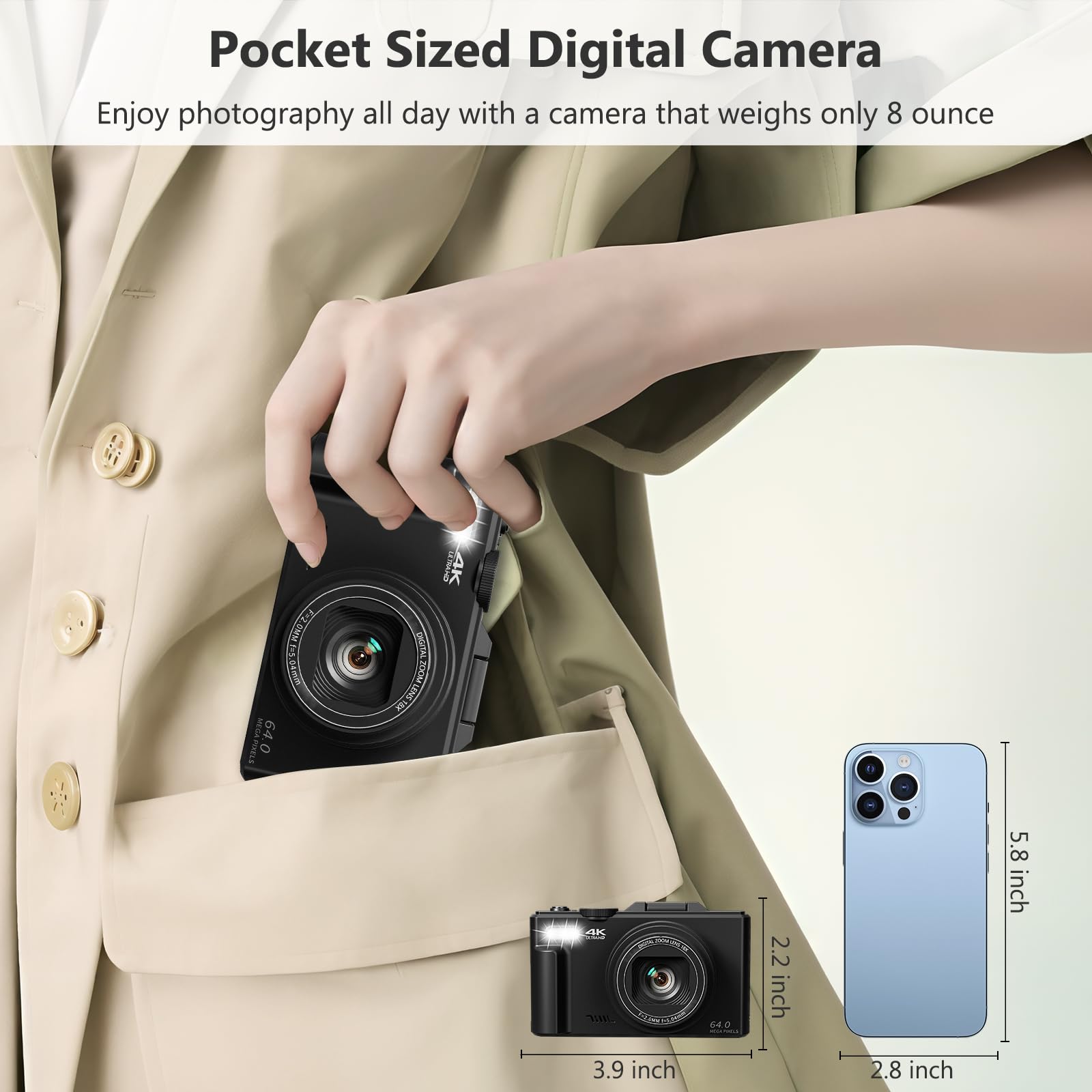 4K Digital Camera for Photography, 64MP Vlogging Camera for YouTube with 3" 180° Flip Screen, 18X Digital Zoom Point and Shoot Camara with 32GB Micro SD Card for Beginner (Black)