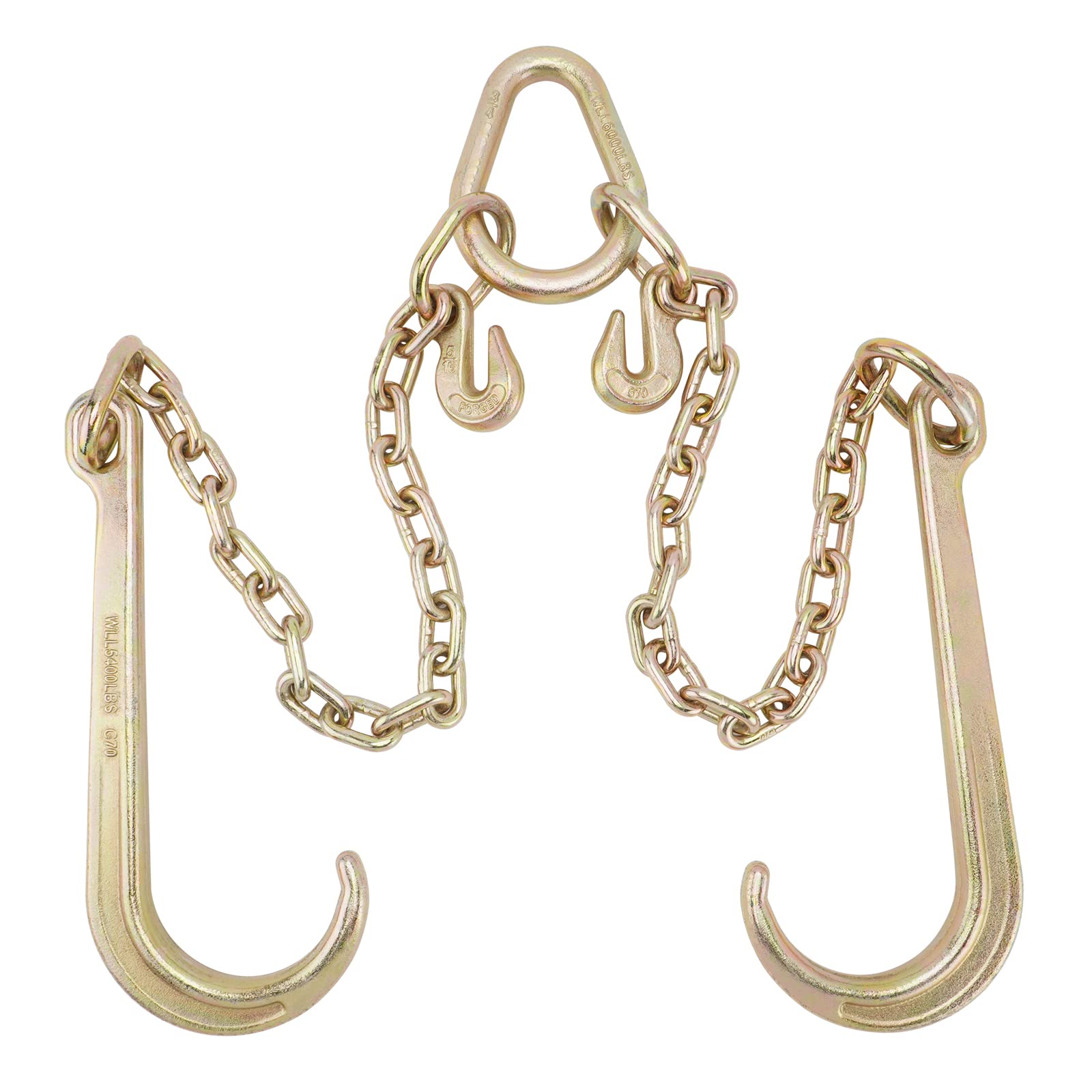 SPARKWHIZ G70 J Hook Tow Chain V Bridle with 15" J Hooks, 5/16'' Grab Hooks, 2ft Legs, Flatbed Truck Safety Chains 5,400 lbs