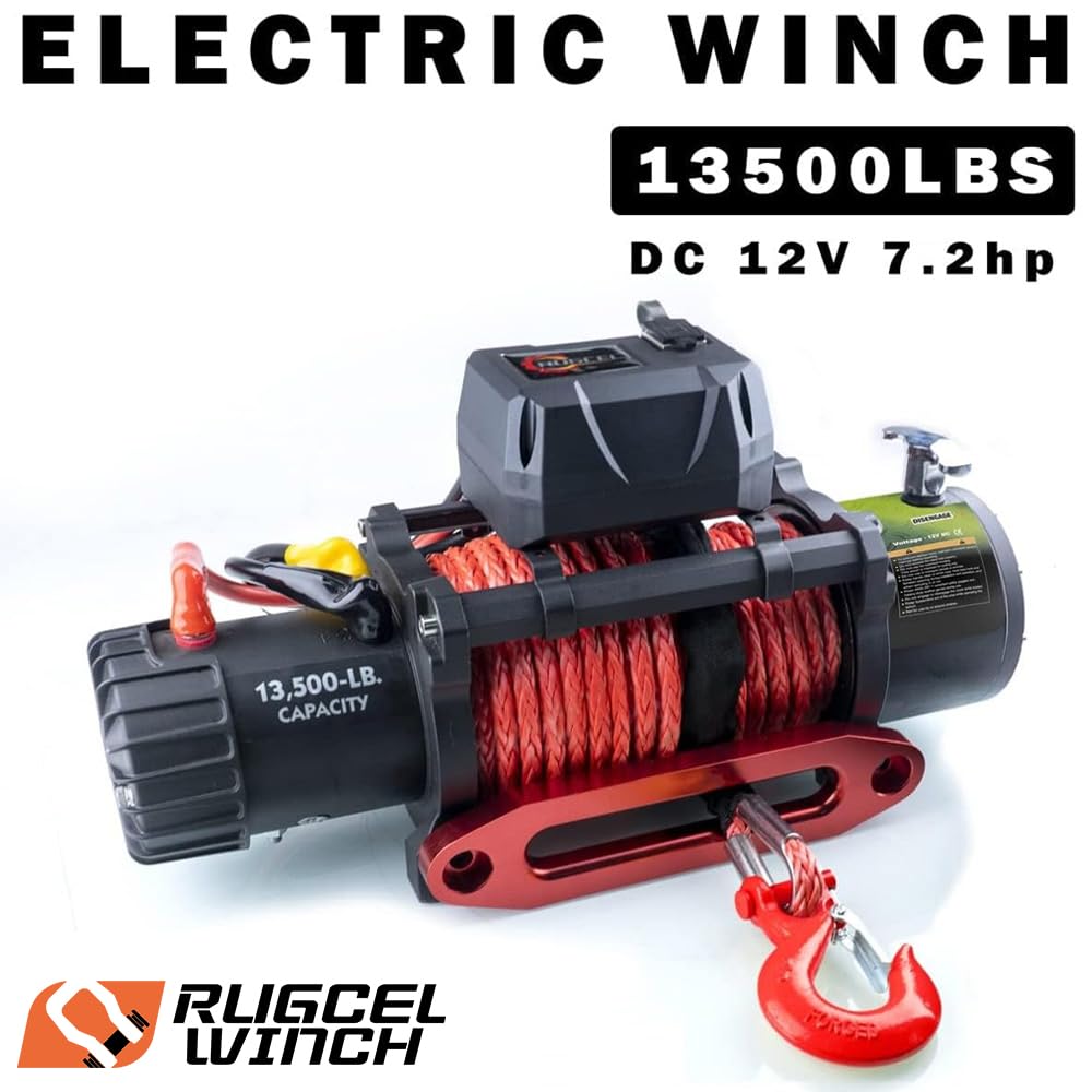 RUGCEL WINCH 13500lb Waterproof Electric Truck Winch 12V Synthetic Rope Jeep Winch with Hawse Fairlead,Wired Handle and 2 Wireless Remote,for Trailer and Wrangler in Car Lift