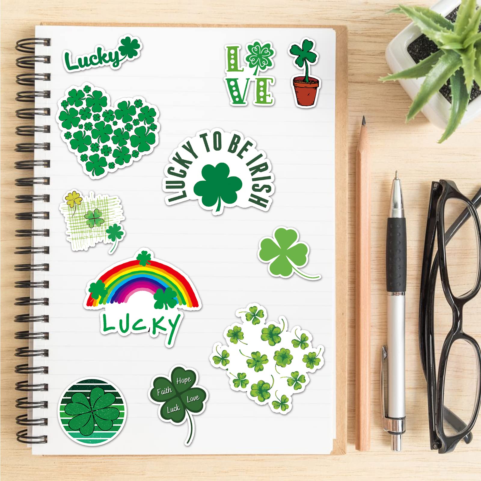 FAMYGFT St Patricks Day Stickers for Kids & Adults 50PCS Shamrock Stickers Waterproof 4 Leaf Clover Sticker Green Irish Self-Adhesive Gift Labels Water Bottle Sticker Decals Classroom Party Decoration