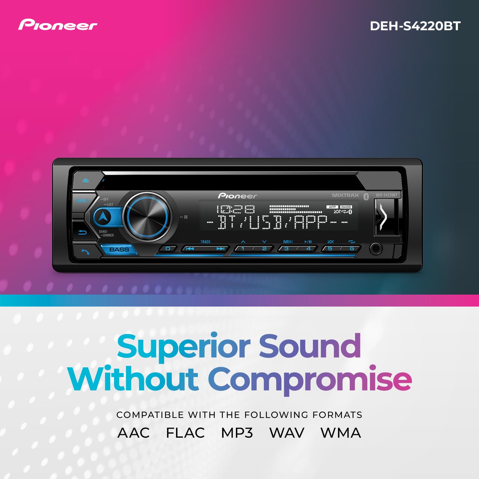 Pioneer DEH-S4220BT Single-Din Bluetooth CD Receiver with USB/AUX Inputs, Pioneer Smart Sync, and Hands-Free Calling for Enhanced in-Car Audio Experience
