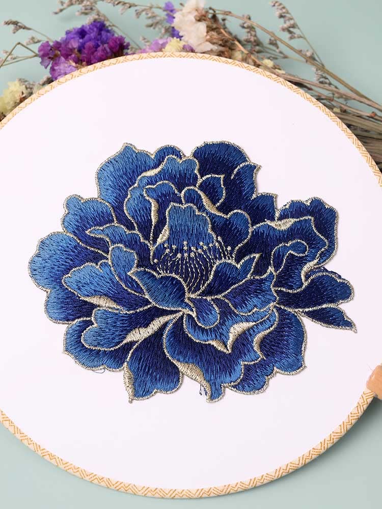Sourcemall Sew on Peony Floral Patches, Embroidered Flower Appliques for DIY Clothing, Jackets, Jeans, Backpacks, Hats, Arts Craft Sew Making (Dark Blue Peony)