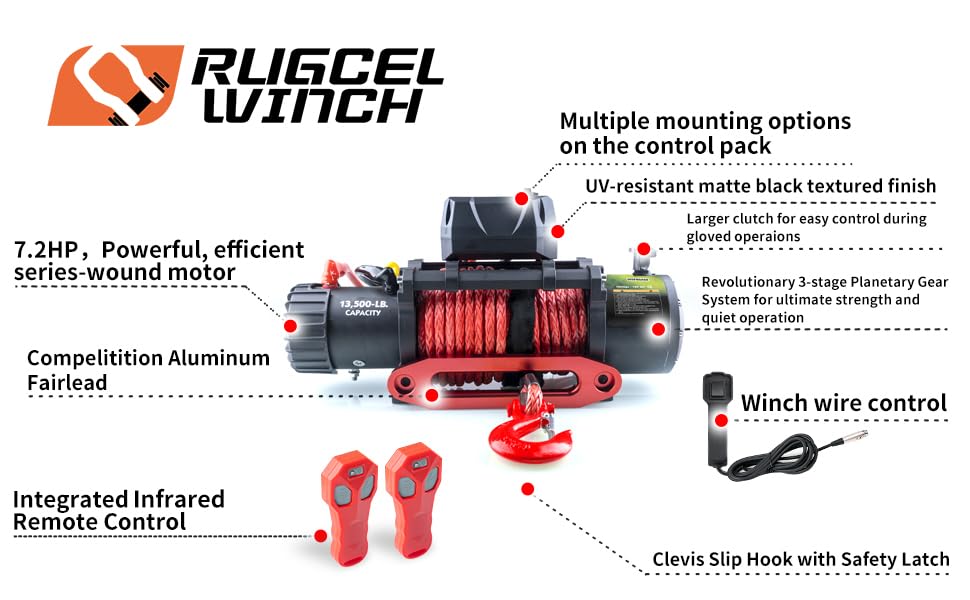 RUGCEL WINCH 13500lb Waterproof Electric Truck Winch 12V Synthetic Rope Jeep Winch with Hawse Fairlead,Wired Handle and 2 Wireless Remote,for Trailer and Wrangler in Car Lift