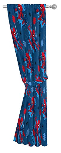 Jay Franco Kids Window Drapes - 4 Piece Curtain Set Includes 2 Tiebacks, Beautiful Bedding Room Décor and Easy Set Up, Blue - Spiderman, 63 Inch