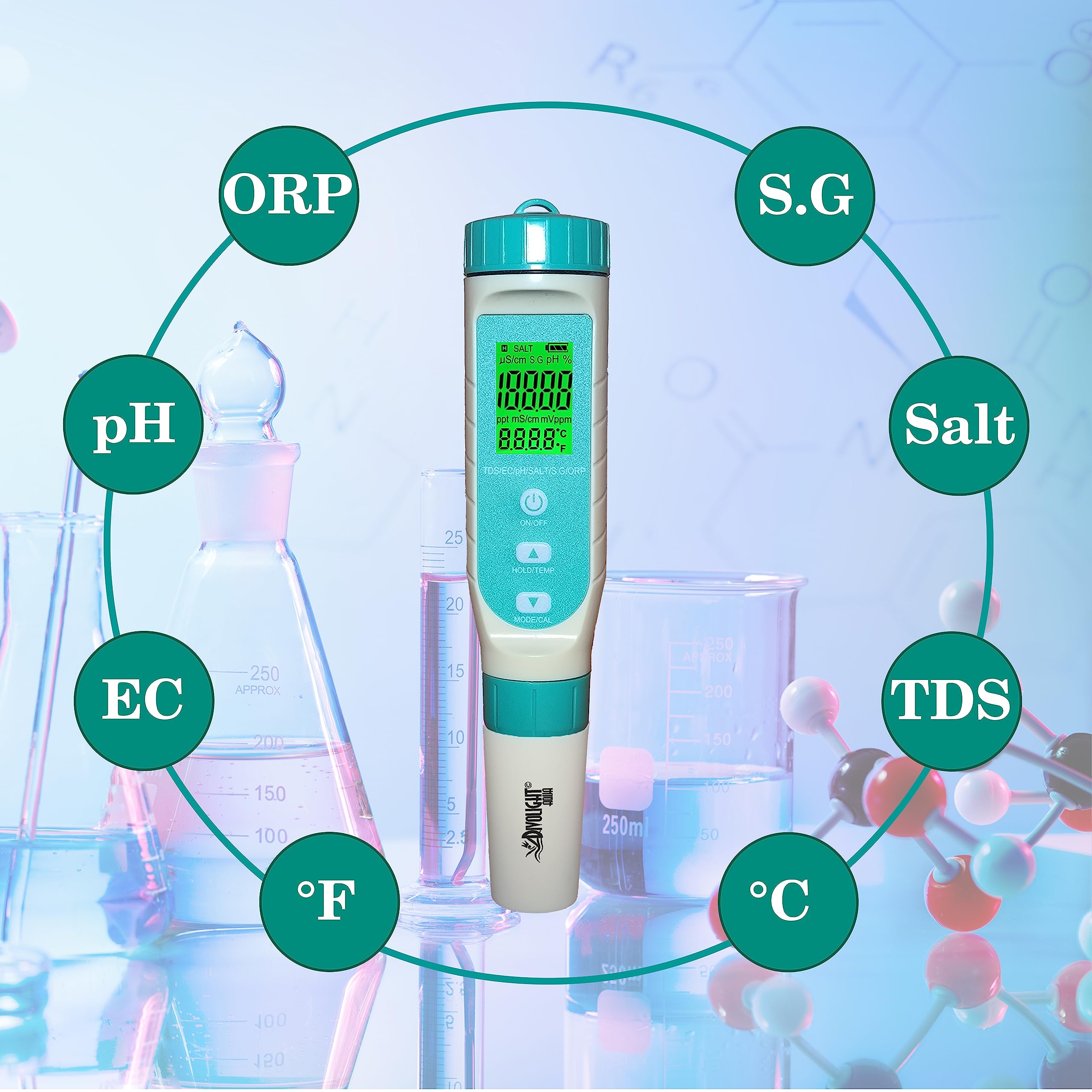 Divolight 7 in 1 Water Quality Tester Pen Meter for Pools, Drinking Water Aquariums hydroponic Cooking Tester Measure Water by 7 parameters: PH/TDS/EC/ORP/S.G/Water Salinity/Temp
