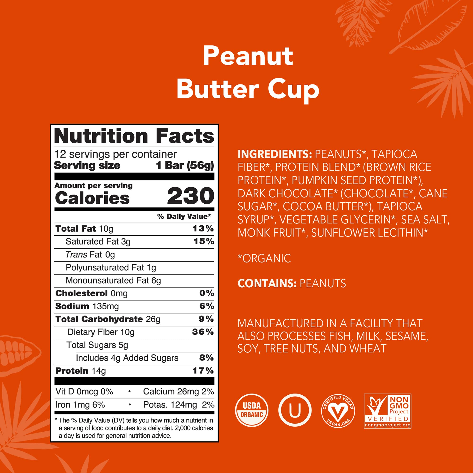 ALOHA Organic Plant Based Protein Bars - Peanut Butter Cup Bar - 12 Bars, Vegan, Low Sugar, Gluten-Free, Low Carb, Non-GMO, No Stevia, No Erythritol