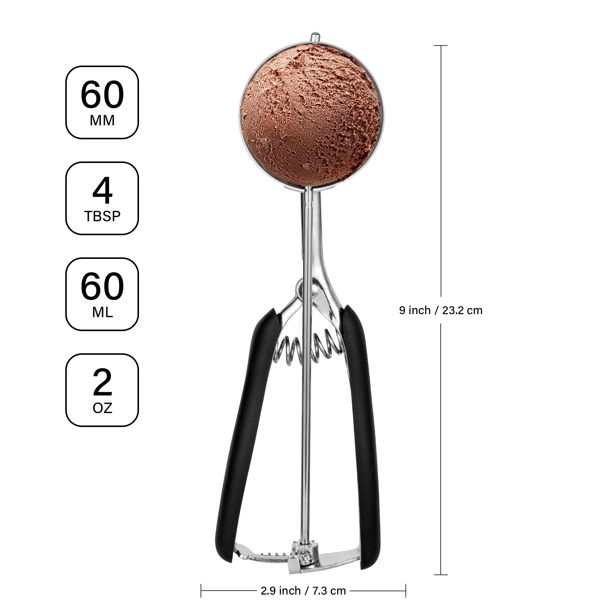Cookie Scoop 4 Tbsp, TJ POP Professional Stainless Steel Ice Cream Scoop 60 mm, Soft Grips, Quick Trigger Release, 60 ml