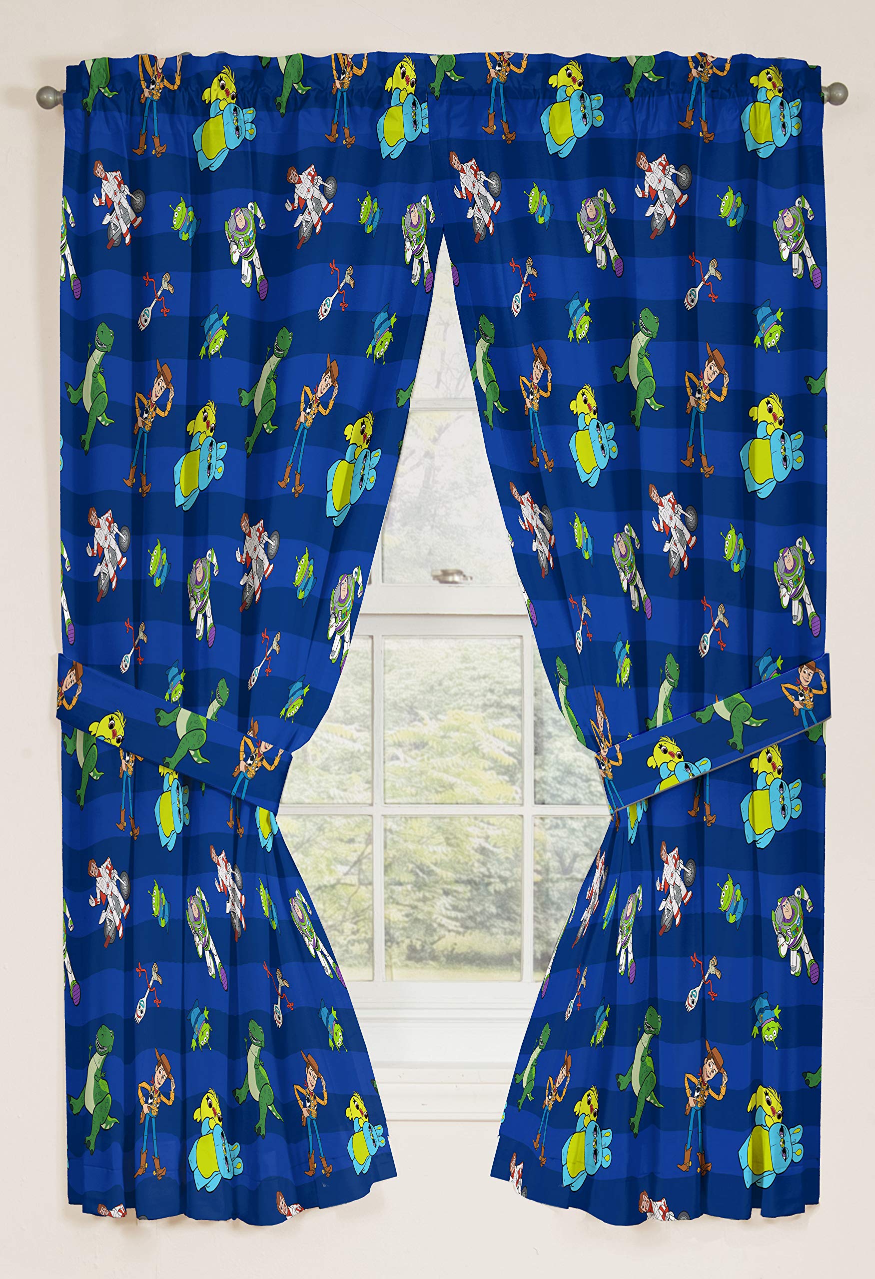 Jay Franco Kids Window Drapes - 4 Piece Curtain Set Includes 2 Tiebacks, Beautiful Bedding Room Décor and Easy Set Up, Blue - Toy Story, 63 Inch