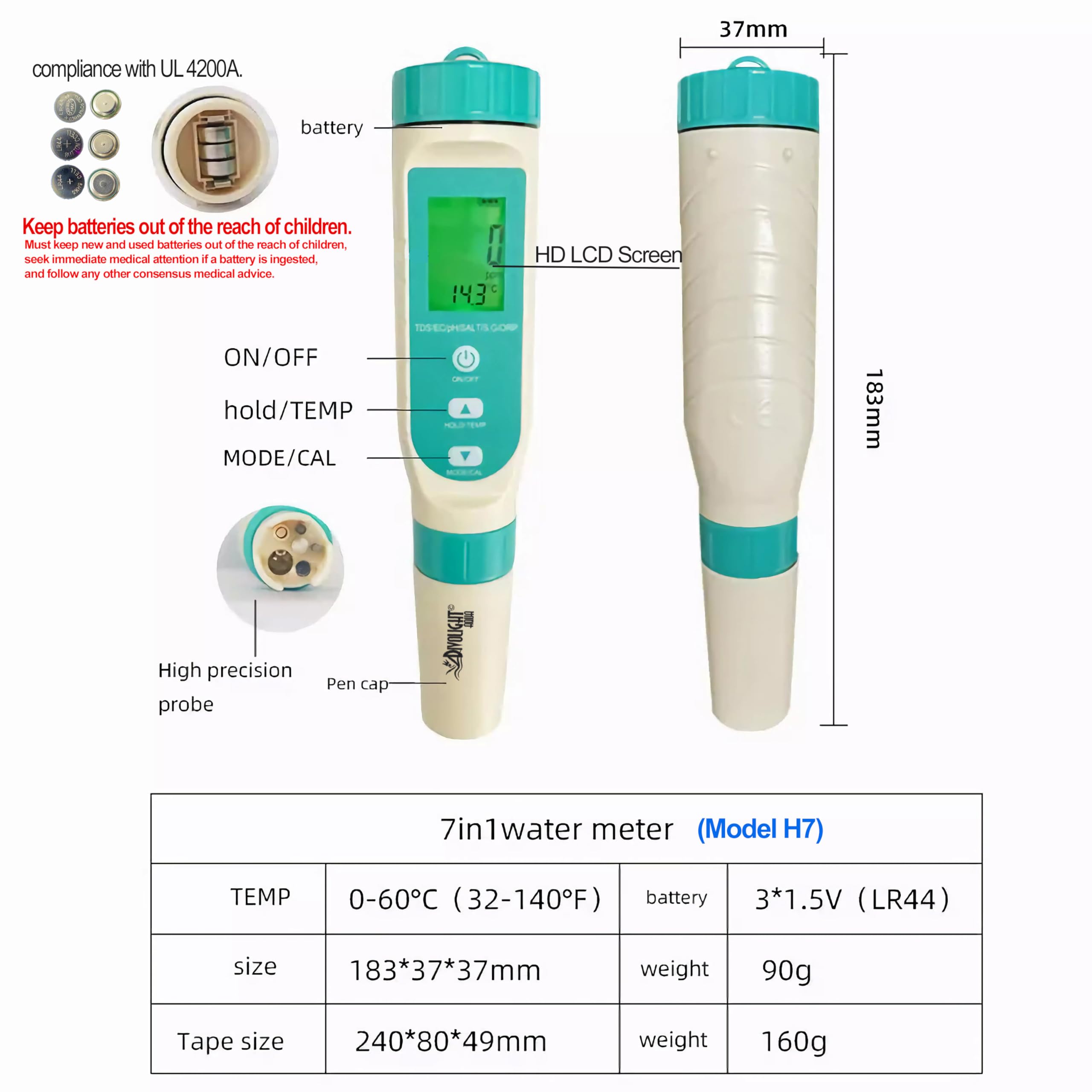 Divolight 7 in 1 Water Quality Tester Pen Meter for Pools, Drinking Water Aquariums hydroponic Cooking Tester Measure Water by 7 parameters: PH/TDS/EC/ORP/S.G/Water Salinity/Temp