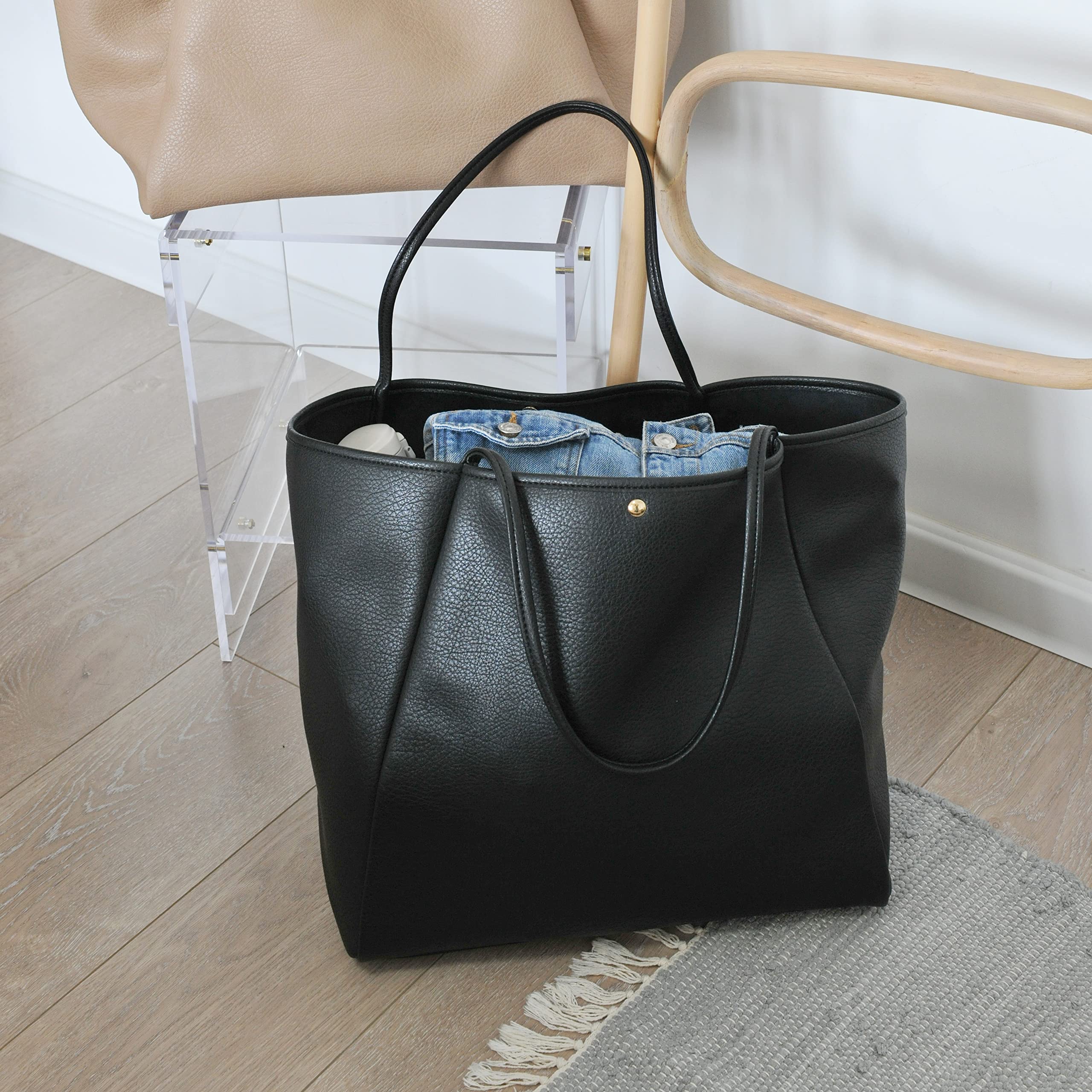 HOXIS Oversize Pu Leather Tote Women Weekender Bag Shopper Handbag Travel Purse (Black)