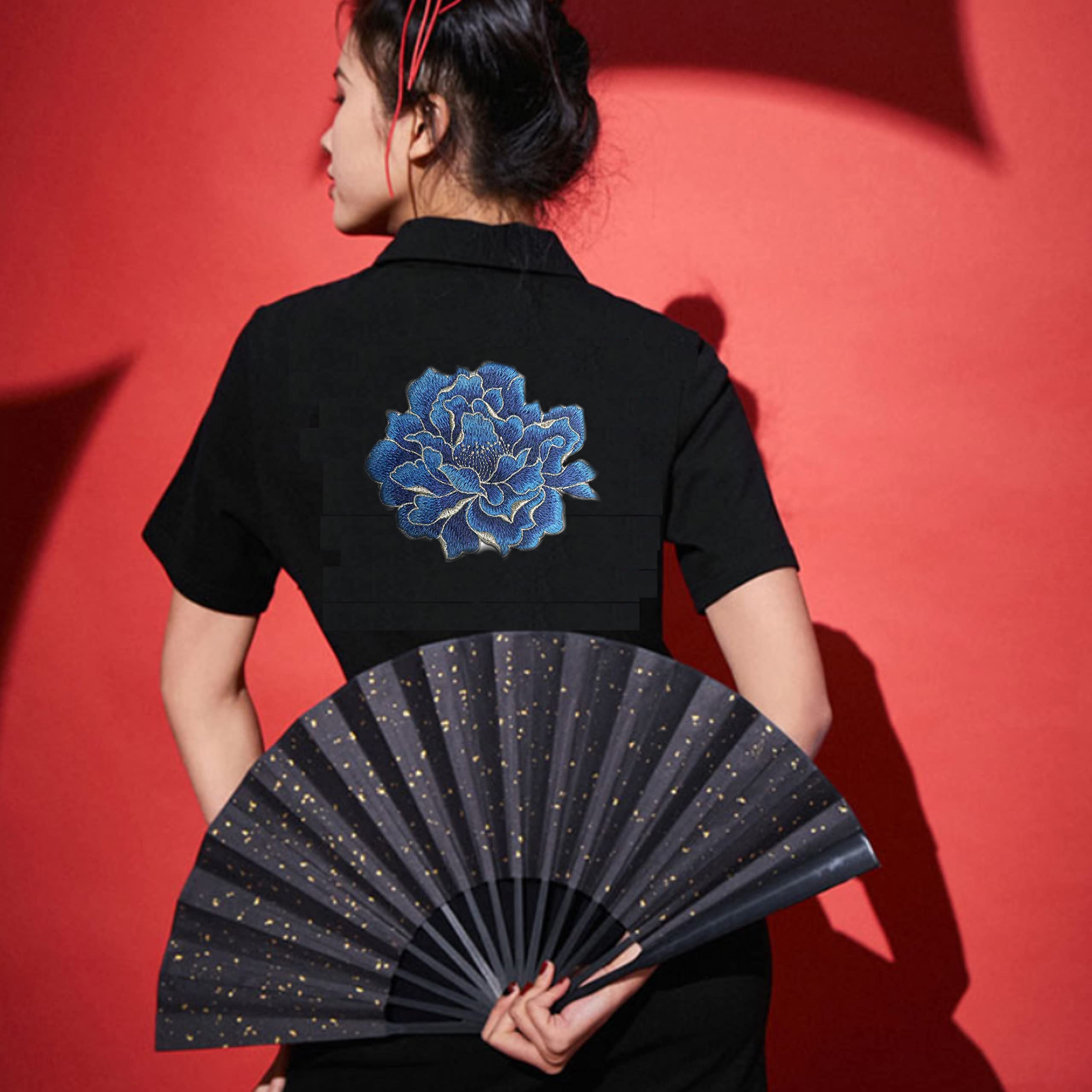 Sourcemall Sew on Peony Floral Patches, Embroidered Flower Appliques for DIY Clothing, Jackets, Jeans, Backpacks, Hats, Arts Craft Sew Making (Dark Blue Peony)