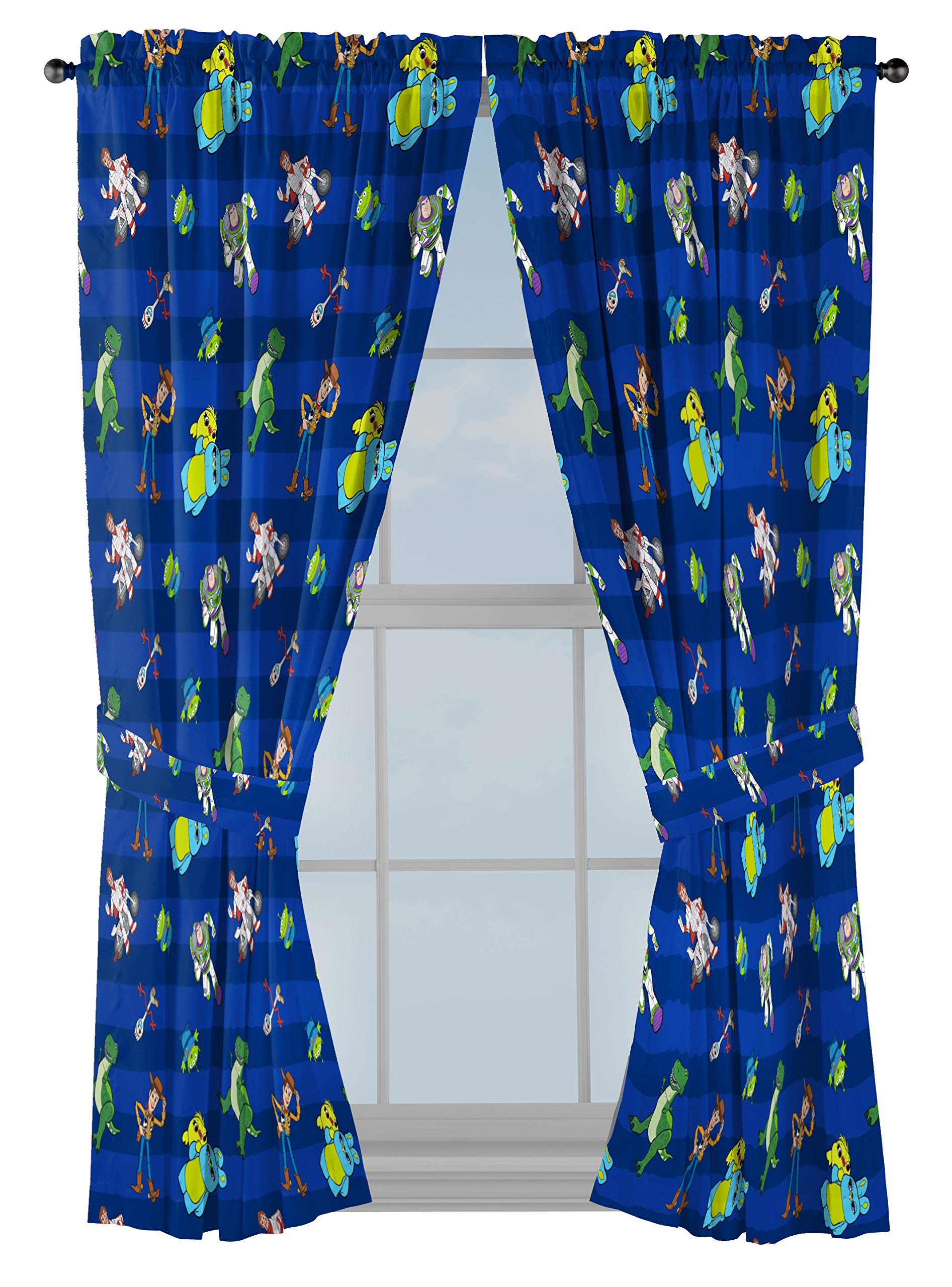 Jay Franco Kids Window Drapes - 4 Piece Curtain Set Includes 2 Tiebacks, Beautiful Bedding Room Décor and Easy Set Up, Blue - Toy Story, 63 Inch