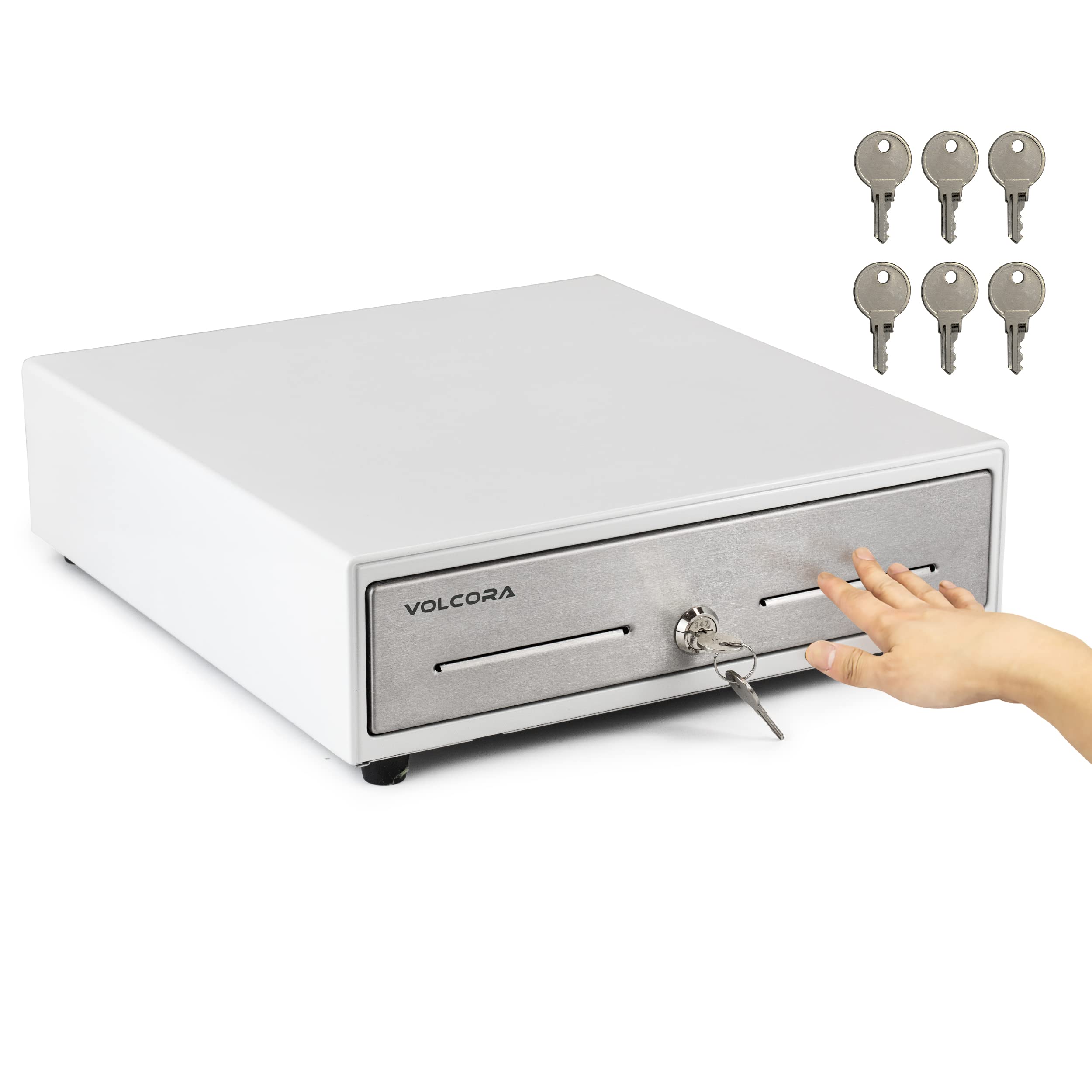 Volcora 13" Manual Push Open Cash Register Drawer for Point of Sale (POS) System - White with Stainless Steel Front Touch Panel - with 4 Bills and 5 Coin Slots, Fully Removable Money Tray