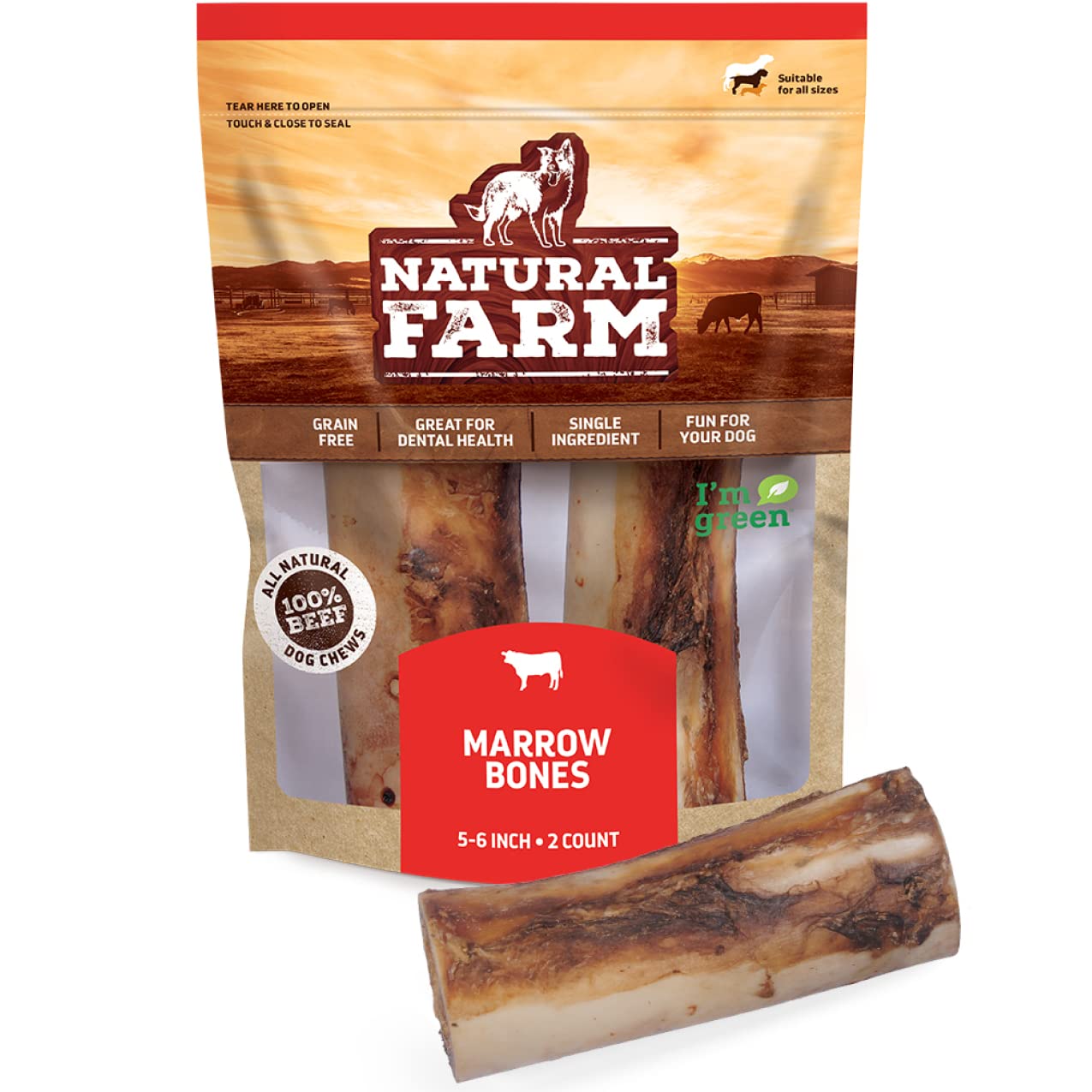 Natural Farm Dog Bones for Large Dogs (5-6 Inch, 2-Pack), 100% Beef Bone Marrow Dog Treats, High in Minerals & Vitamins, Grain-Free, Long-Lasting Bones Chews, Supports Dental Health