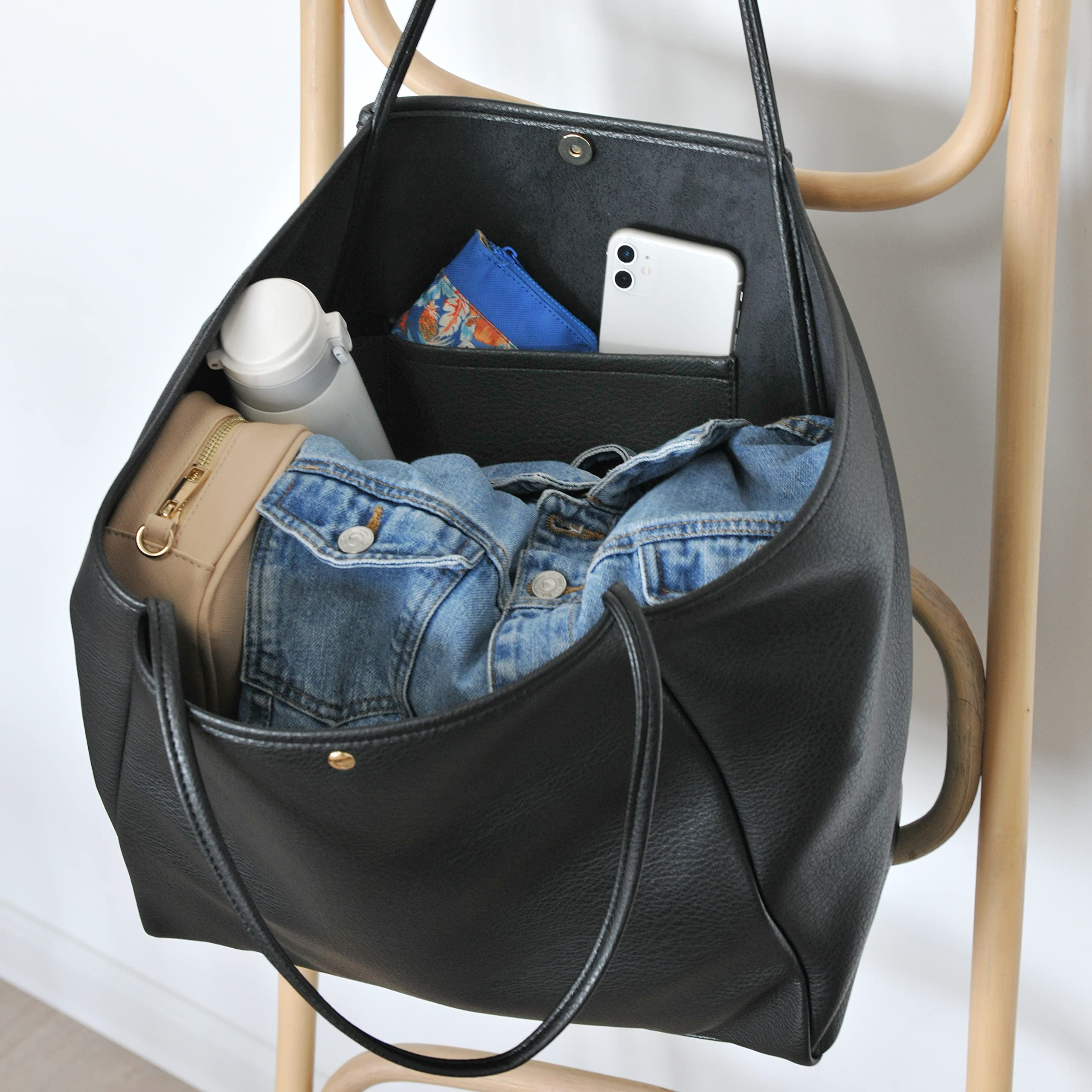 HOXIS Oversize Pu Leather Tote Women Weekender Bag Shopper Handbag Travel Purse (Black)
