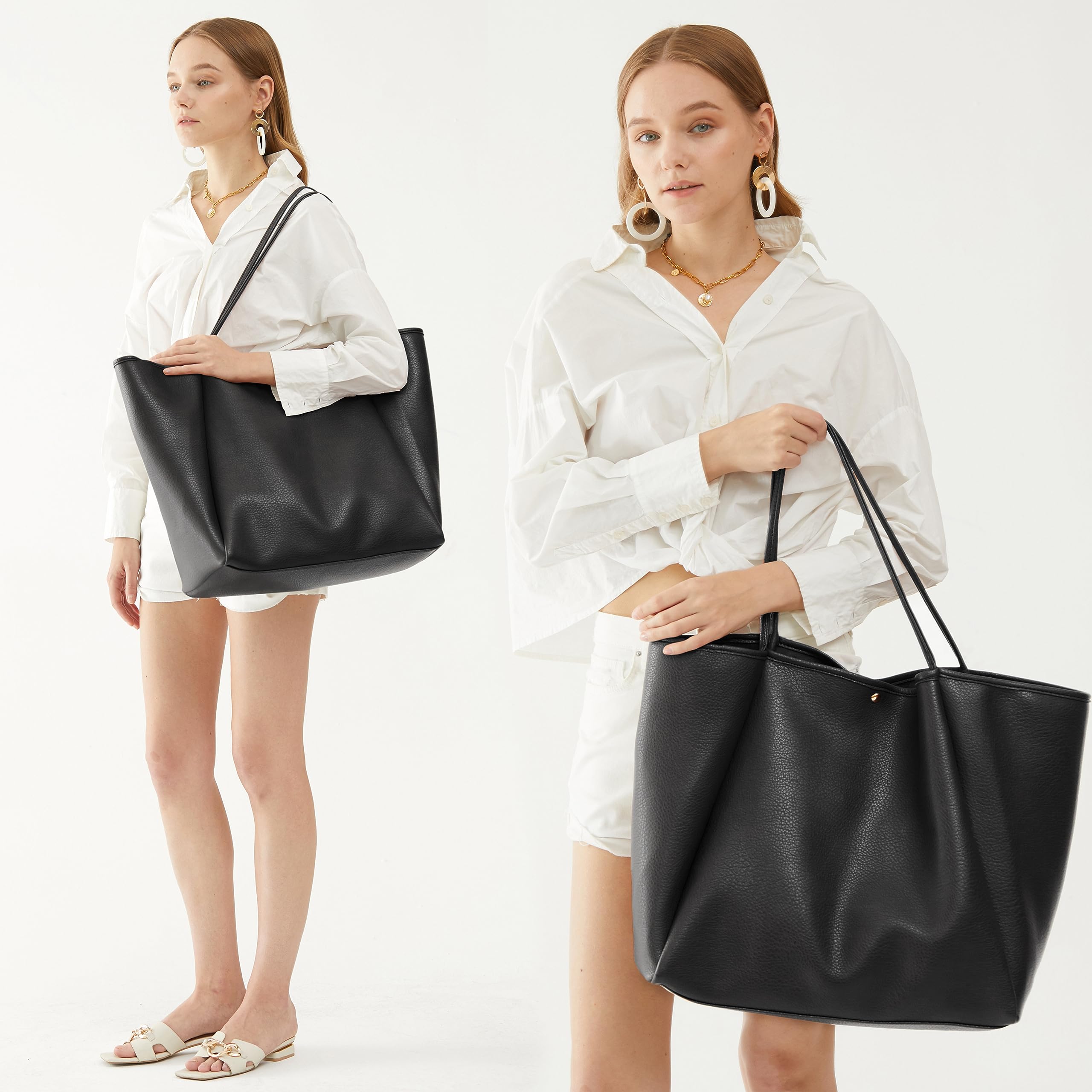HOXIS Oversize Pu Leather Tote Women Weekender Bag Shopper Handbag Travel Purse (Black)