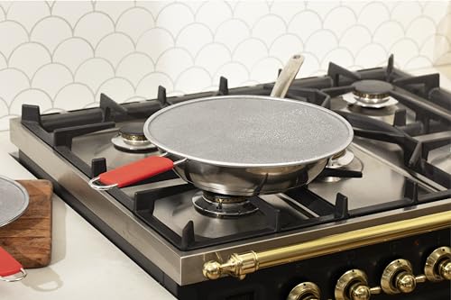 ALPHA LIVING Splatter Guard for Frying Pan & Food Strainer and Universal Cookware 13" - Stops Hot Oil Splash - RED Handle - Splatter Screen for Cooking