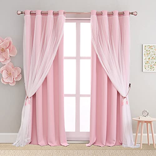 SOFJAGETQ Double Layered Blackout Pink Curtains - Princess Girls Curtains & Draperies Panels for Kids Bedroom Living Room Nursery Pink Lace Hem Room Darkening Curtains, 52x84 inches, 2 PCs