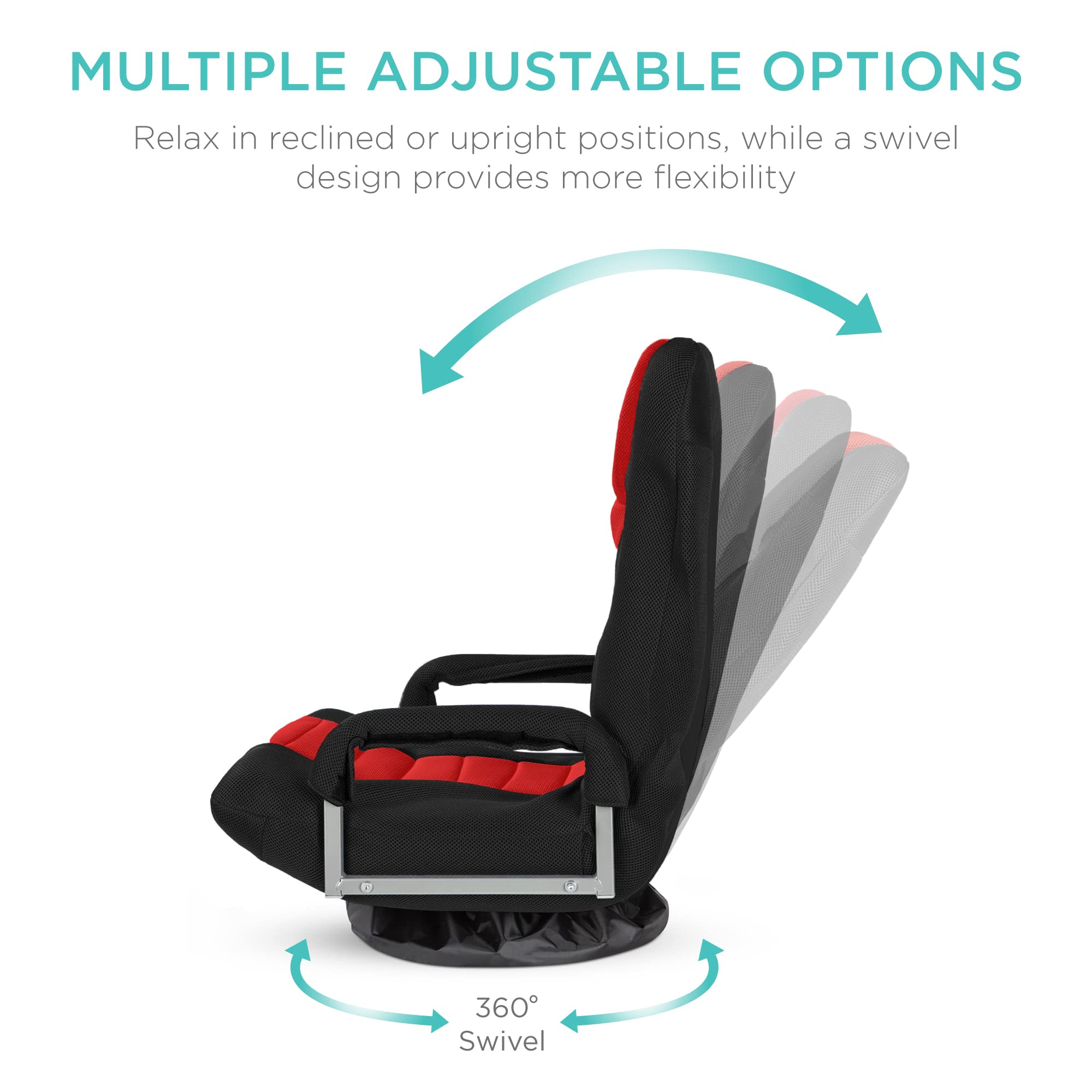 Best Choice Products Swivel Gaming Chair 360 Degree Multipurpose Floor Chair Rocker for TV, Reading, Playing Video Games w/Lumbar Support, Armrest Handles, Adjustable Backrest - Black/Red