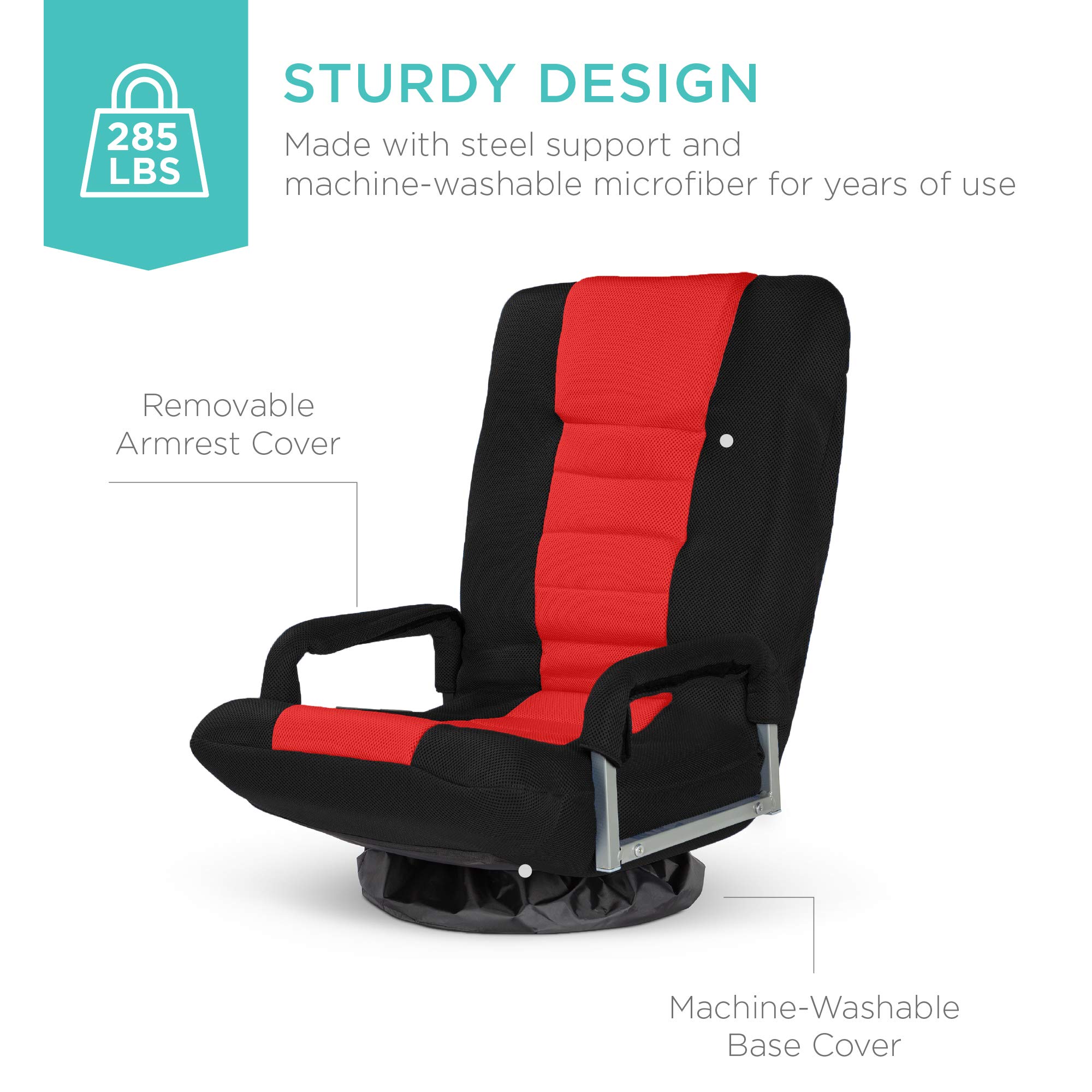 Best Choice Products Swivel Gaming Chair 360 Degree Multipurpose Floor Chair Rocker for TV, Reading, Playing Video Games w/Lumbar Support, Armrest Handles, Adjustable Backrest - Black/Red