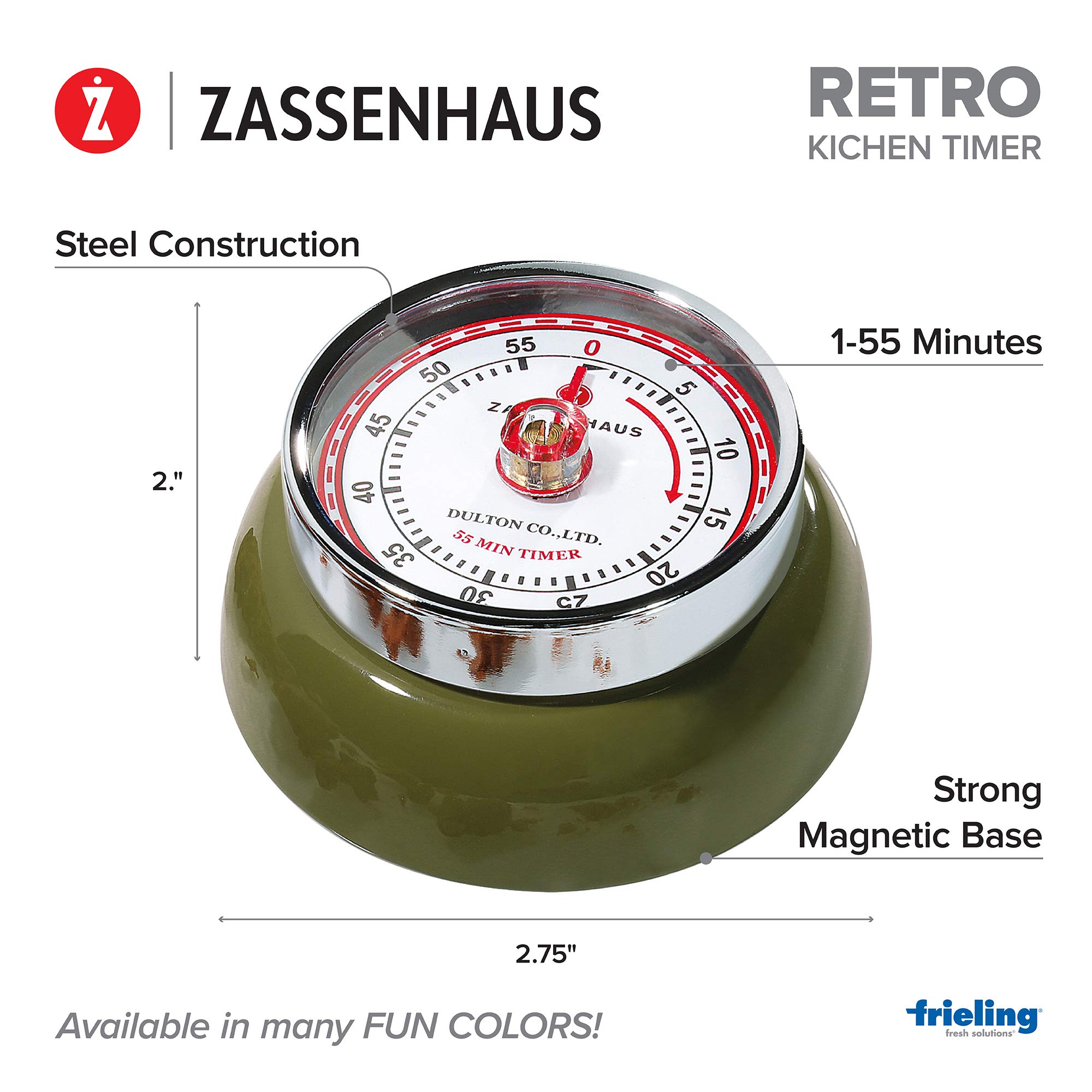Zassenhaus Magnetic Retro 60 Minute Kitchen Timer, 2.75-Inch, Olive