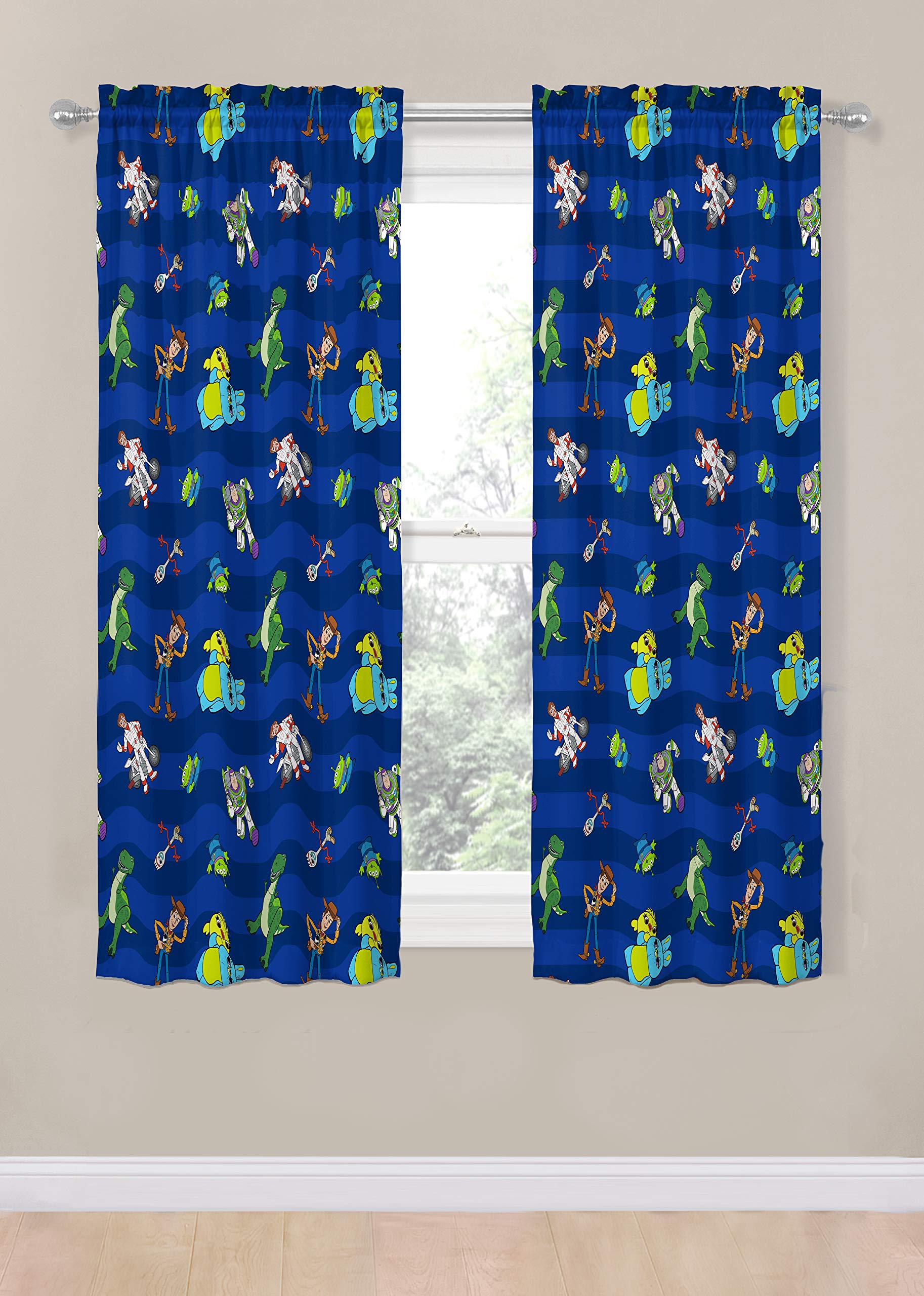 Jay Franco Kids Window Drapes - 4 Piece Curtain Set Includes 2 Tiebacks, Beautiful Bedding Room Décor and Easy Set Up, Blue - Toy Story, 63 Inch