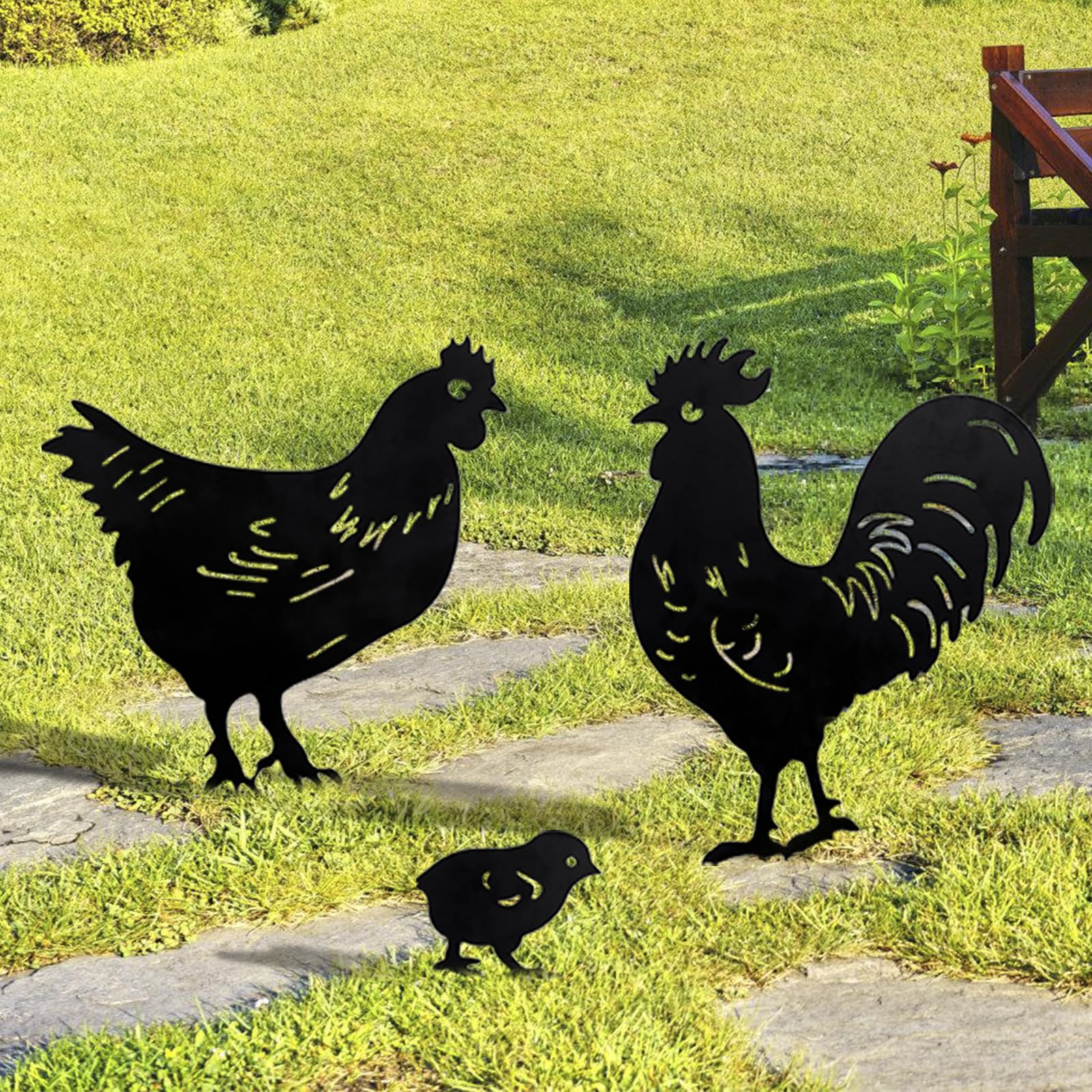 TT & MM Metal Chicken Yard Decor 3 Pcs Rooster Garden Stakes,Chicken Gifts for Women/Men,Hen/Chicks Silhouette Statues for Yard Art,Backyard,Patio,Lawn Ornaments,Outdoor Decor