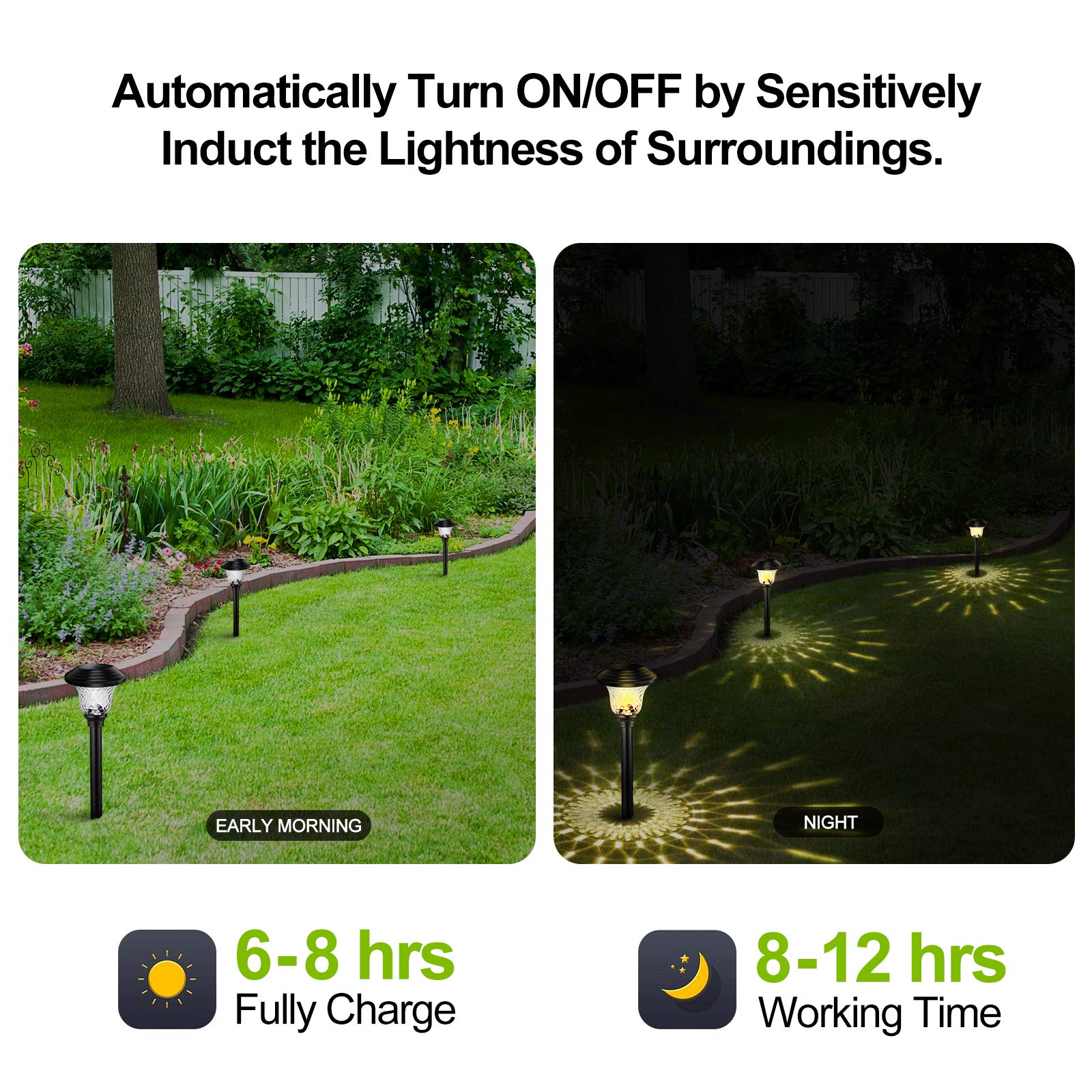 Balhvit Glass Solar Lights Outdoor, 8 Pack Super Bright Solar Pathway Lights, Up to 12 Hrs Long Last Auto On/Off Garden Lights Solar Powered Waterproof, Stainless Steel LED Landscape Lighting for Yard