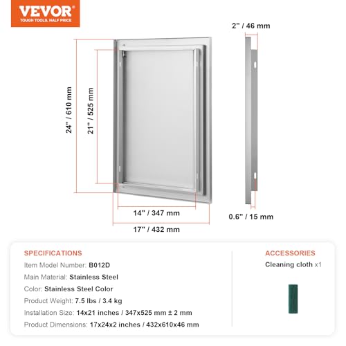 VEVOR BBQ Access Door 17W x 24H Inch, Vertical Single BBQ Door Stainless Steel with Recessed Handle, Outdoor Kitchen Doors for BBQ Island, Grill Station, Outside Cabinet