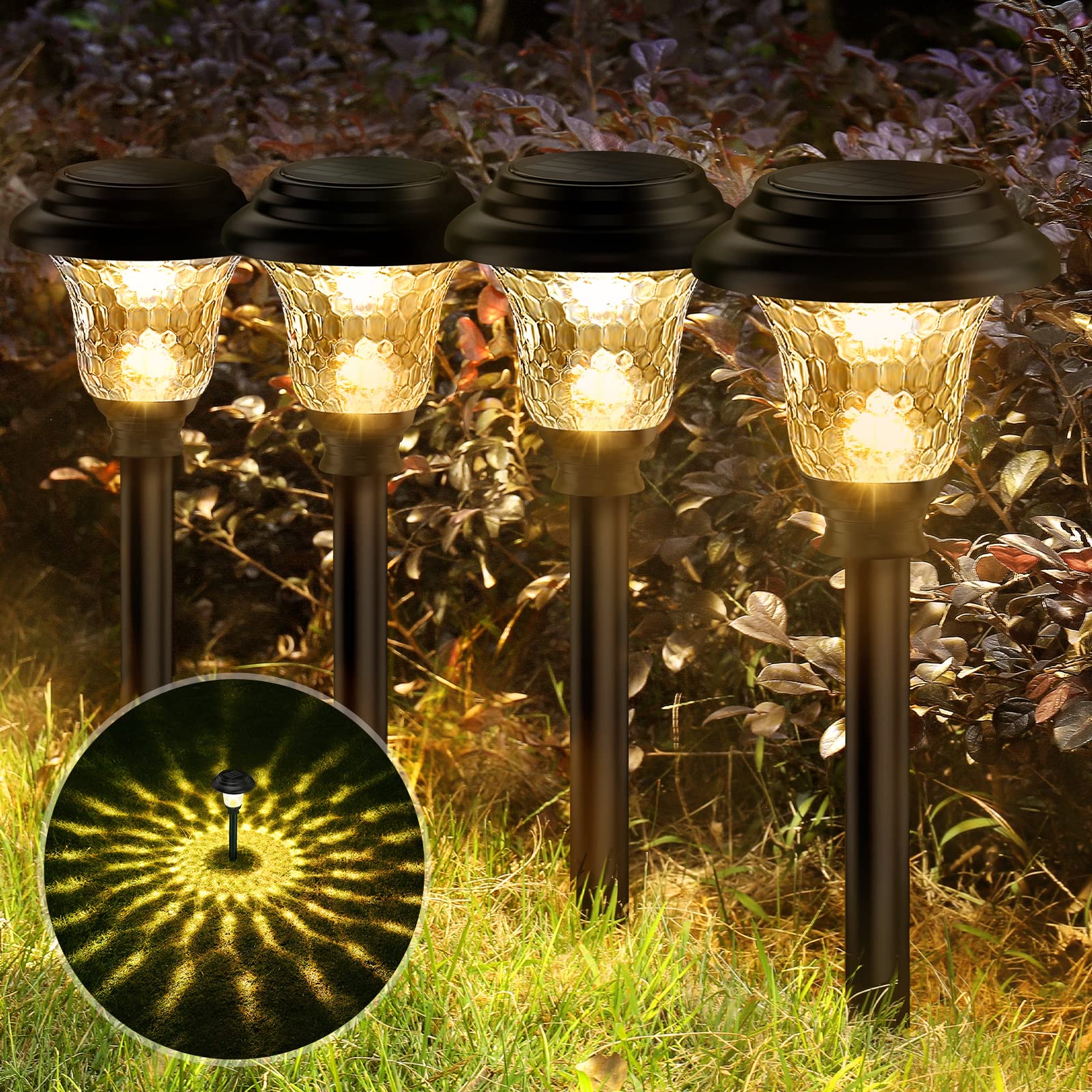 Balhvit Glass Solar Lights Outdoor, 8 Pack Super Bright Solar Pathway Lights, Up to 12 Hrs Long Last Auto On/Off Garden Lights Solar Powered Waterproof, Stainless Steel LED Landscape Lighting for Yard