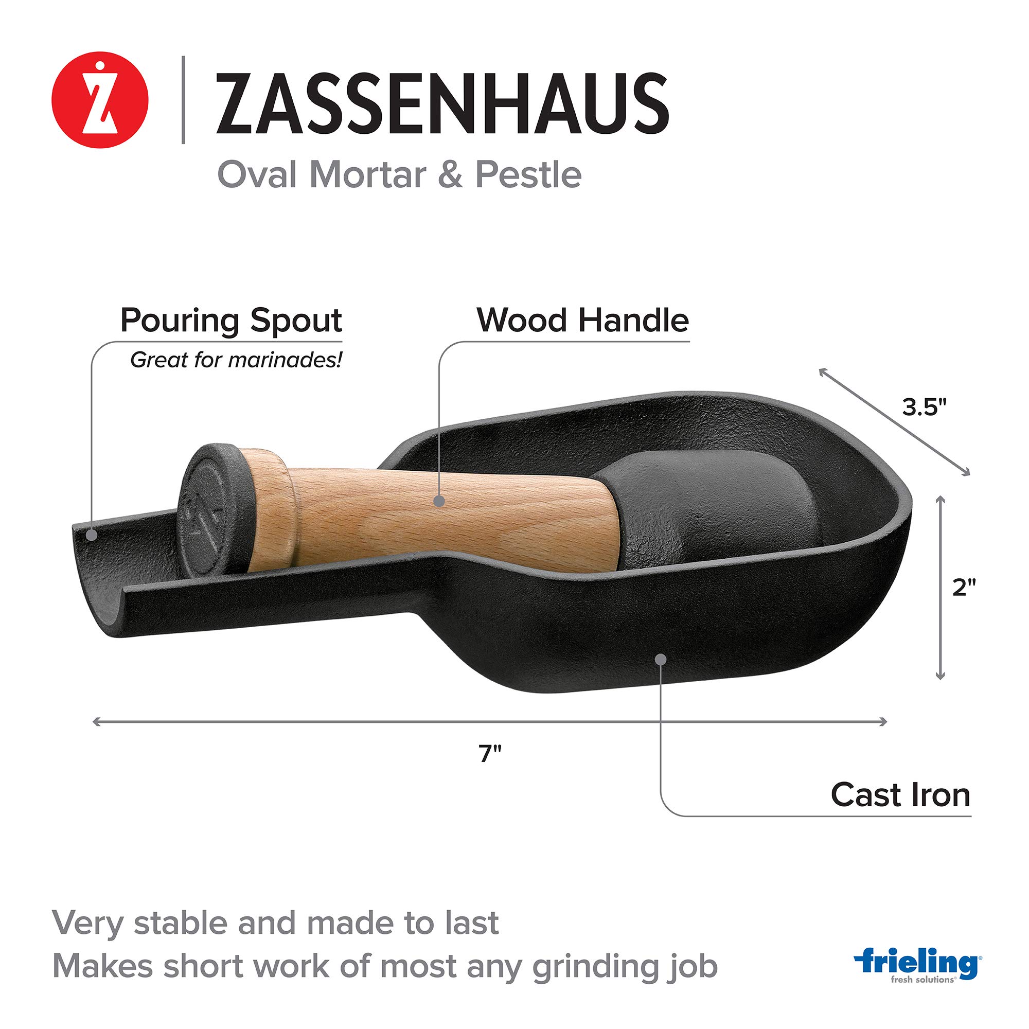 Zassenhaus Cast Iron Mortar & Pestle with Pouring Spout, 7" Oval, black - Mortar And Pestle Set
