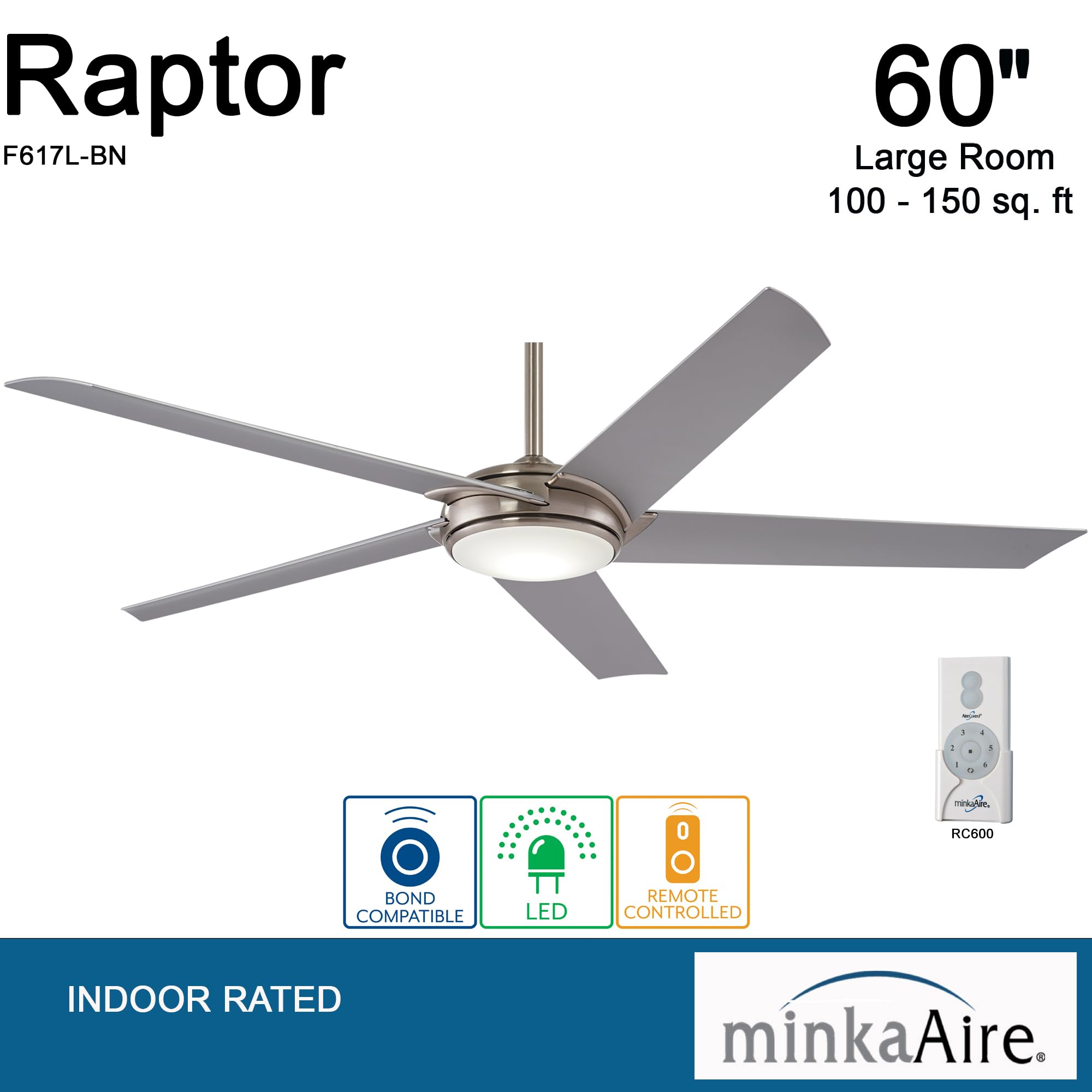 Minka-Aire F617L-BN Raptor 60 Inch LED Ceiling Fan with DC Motor and Integrated 16W LED Light in Brushed Nickel Finish