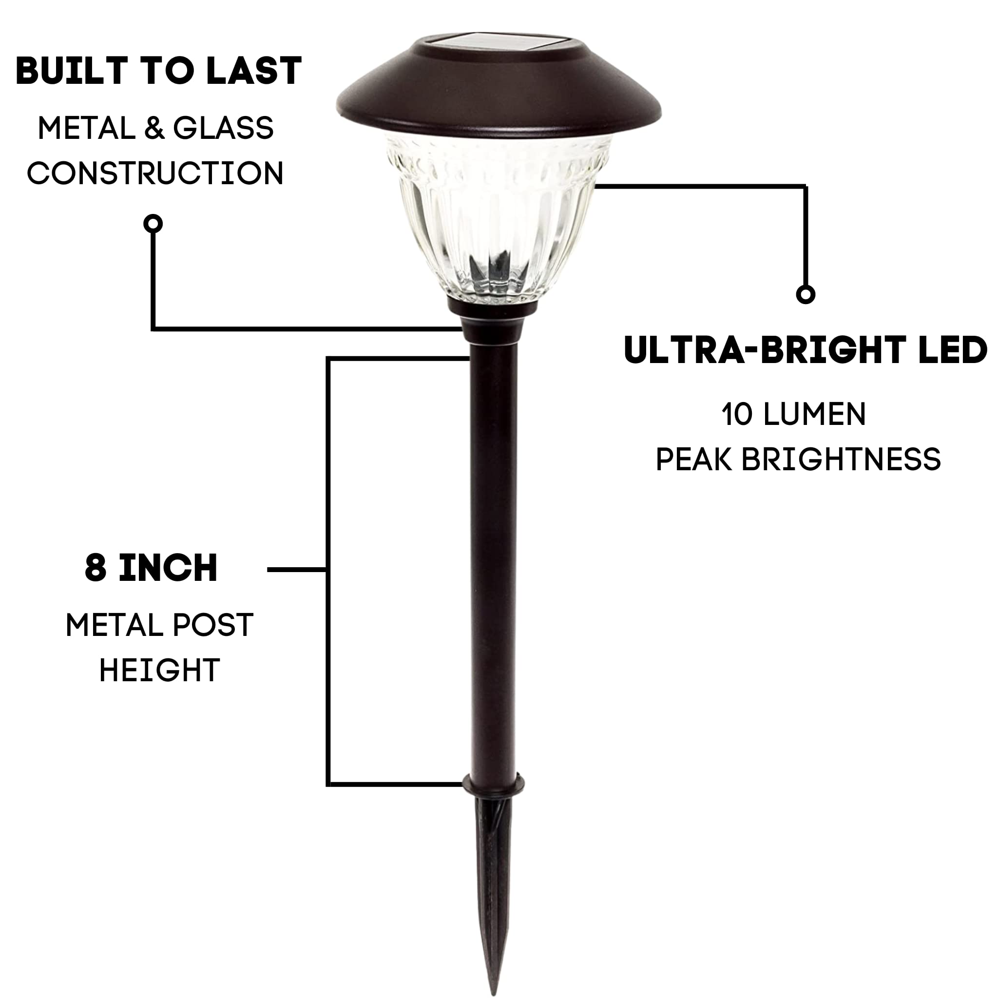 Energizer LED Solar Pathway Lights - 10 Pack of [Bronze] Outdoor Solar Lights - IP65 Waterproof w/Auto On/Off - Patterned Glass and Metal Construction Coated in Bronze
