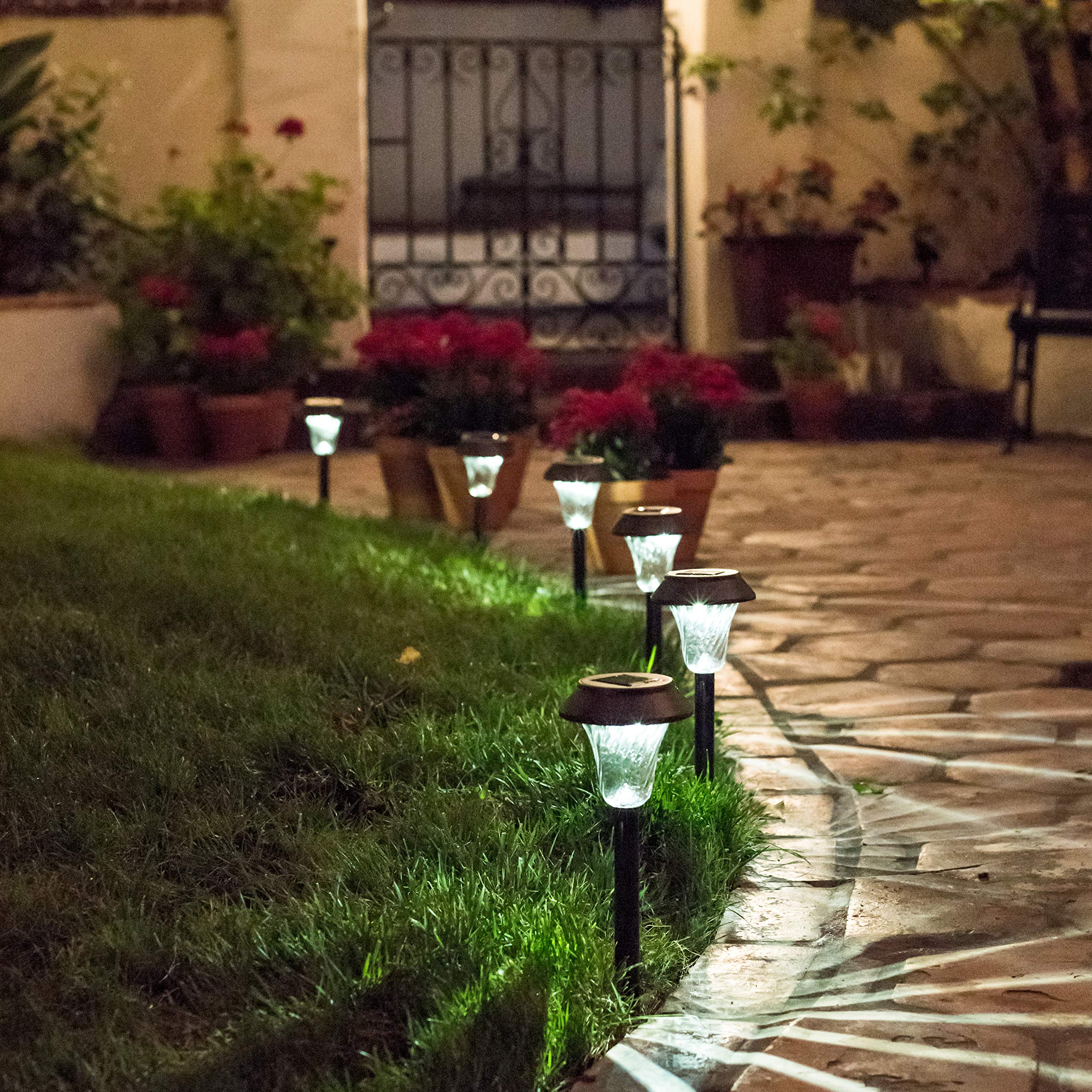 Enchanted Spaces Silver Solar Path Light, Set of 6, with Glass Lens, Metal Ground Stake, and Extra-Bright LED for Lawn, Patio, Yard, Walkway, Driveway