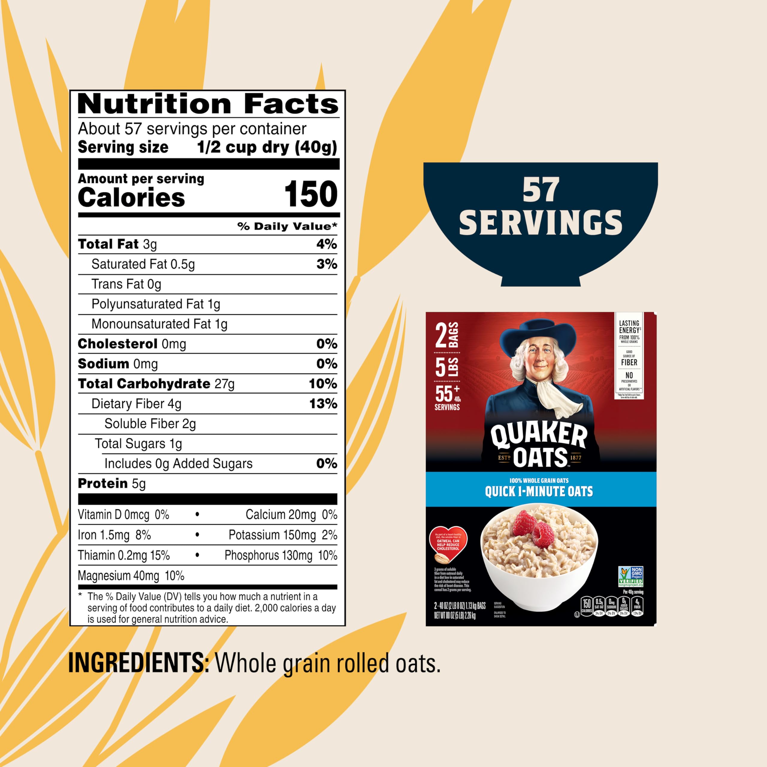 Quaker Old Fashioned Rolled Oats, Non GMO Project Verified, Two 64oz Bags in Box, 90 Servings, 4 Pound (Pack of 2)