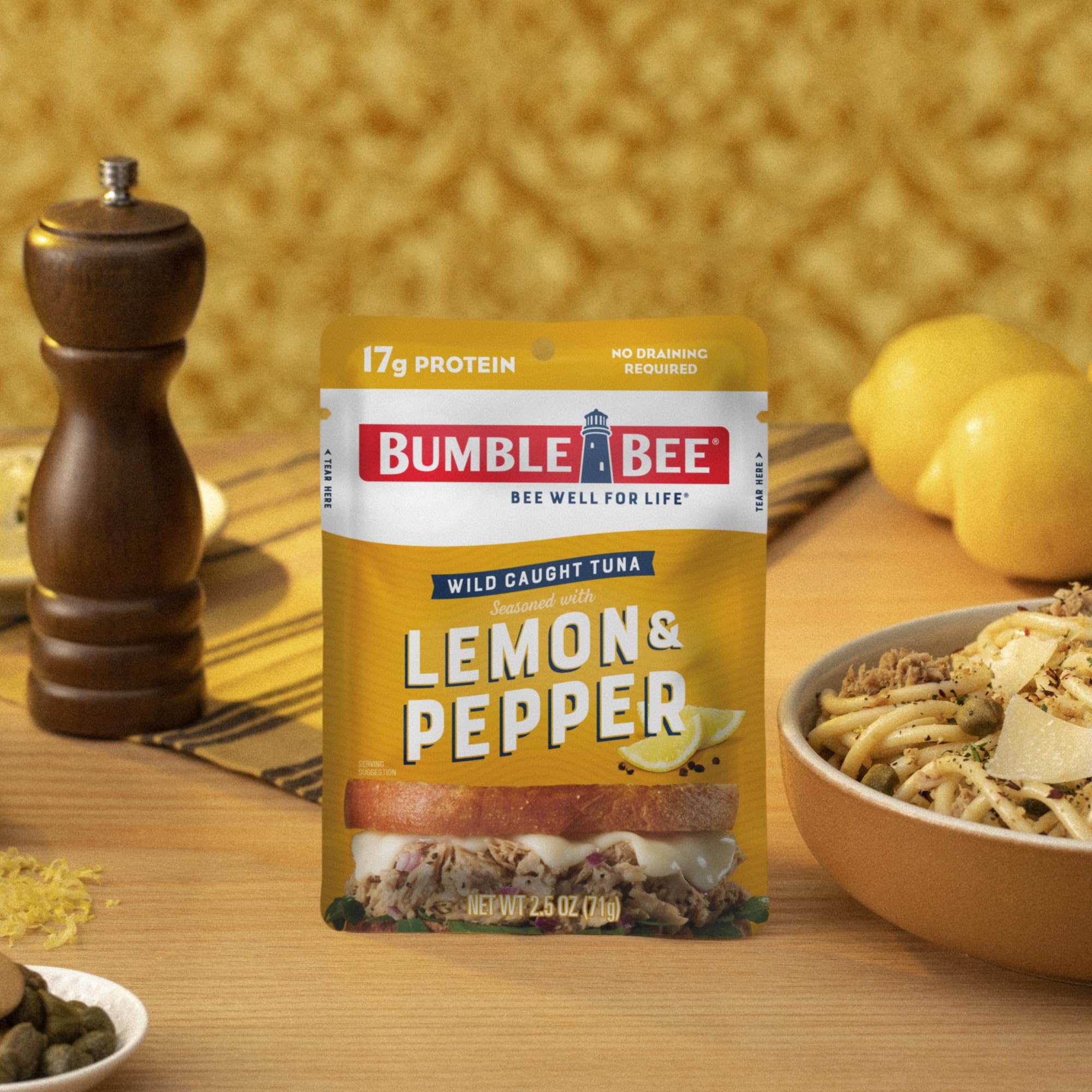 Bumble Bee Lemon & Pepper Seasoned Tuna, 2.5 oz Pouches (Pack of 12) - Ready to Eat - Wild Caught Tuna Packet - 17g Protein per Serving - Gluten Free