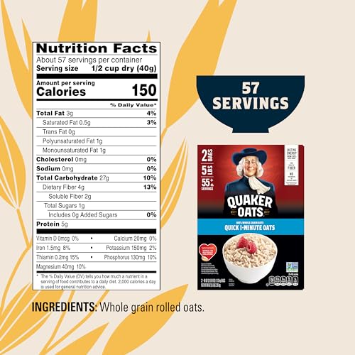 Quaker Old Fashioned Rolled Oats, Non GMO Project Verified, Two 64oz Bags in Box, 90 Servings, 4 Pound (Pack of 2)