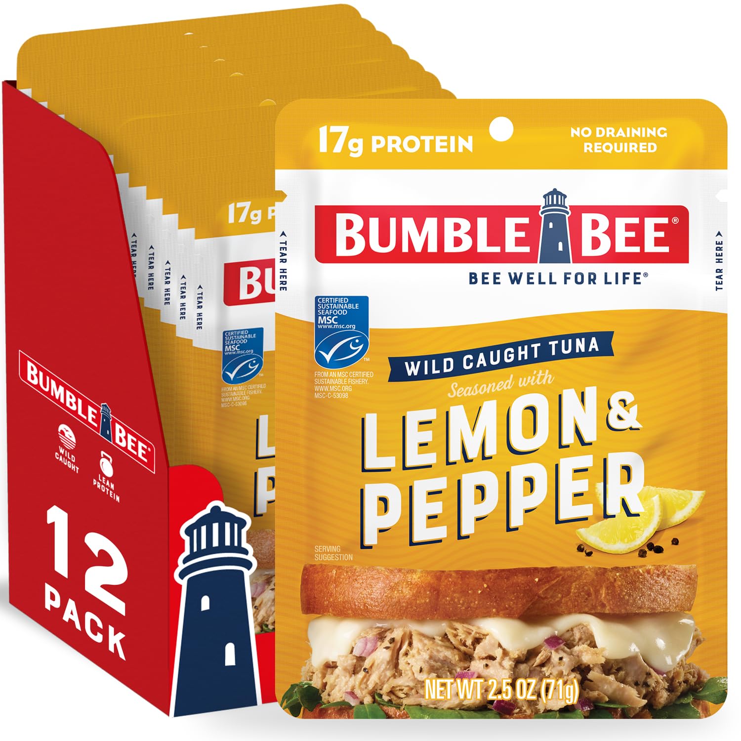 Bumble Bee Lemon & Pepper Seasoned Tuna, 2.5 oz Pouches (Pack of 12) - Ready to Eat - Wild Caught Tuna Packet - 17g Protein per Serving - Gluten Free