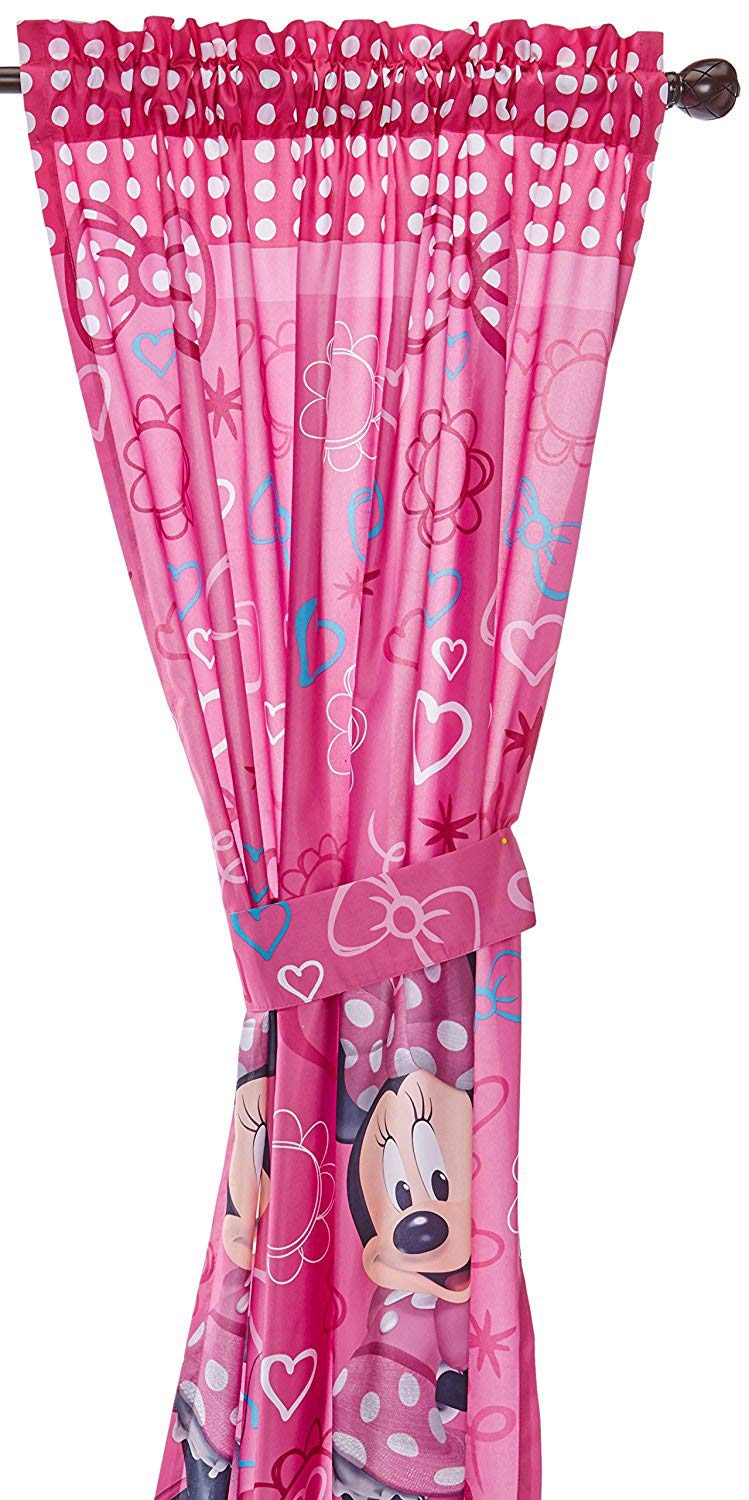 Jay Franco Kids Window Drapes - 4 Piece Curtain Set Includes 2 Tiebacks, Beautiful Bedding Room Décor and Easy Set Up, Pink - Minnie Mouse, 63 Inch