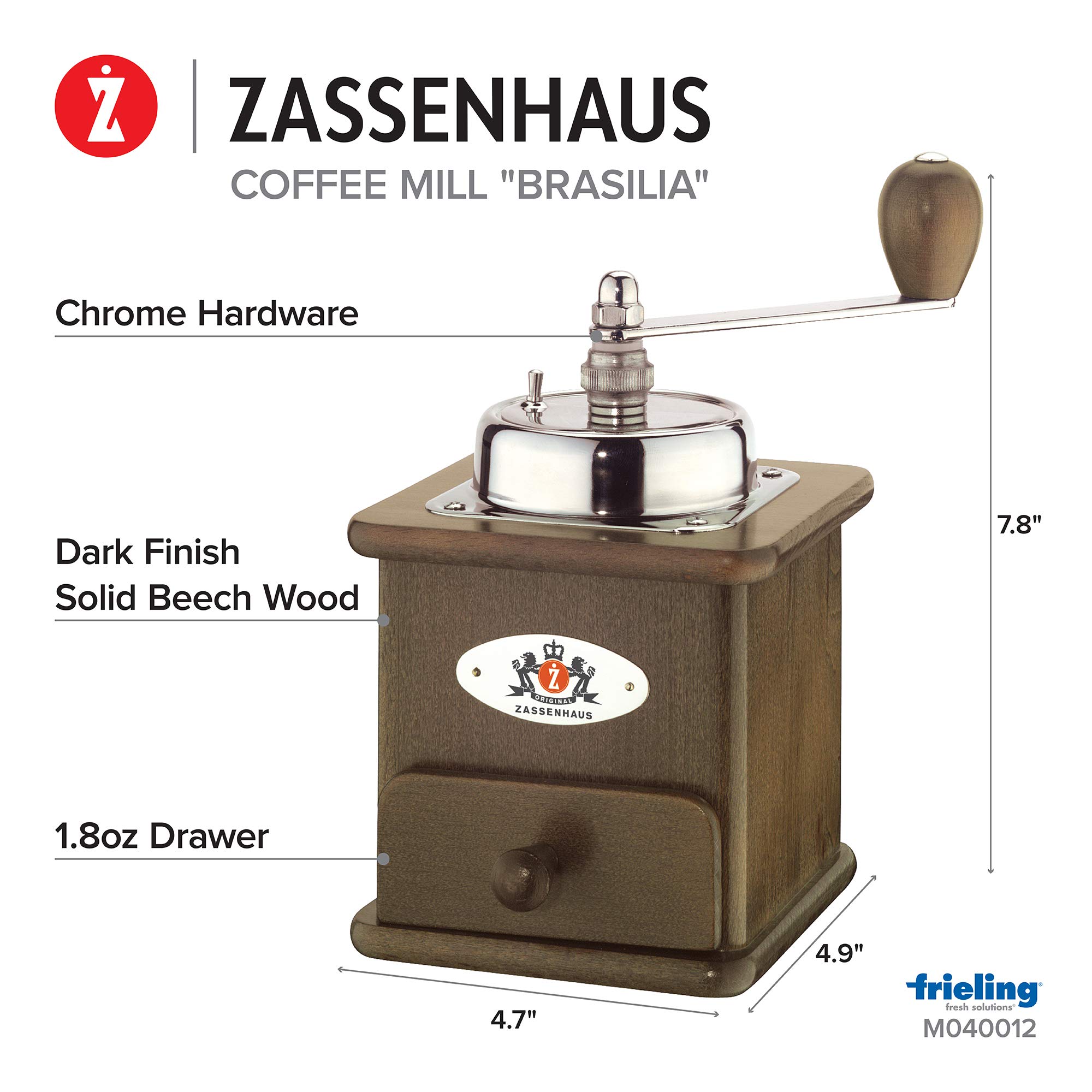 Zassenhaus M040012 Brasilia Beech Wood Manual Coffee Mill, Dunkel Gebeizt, Dark/Chrome