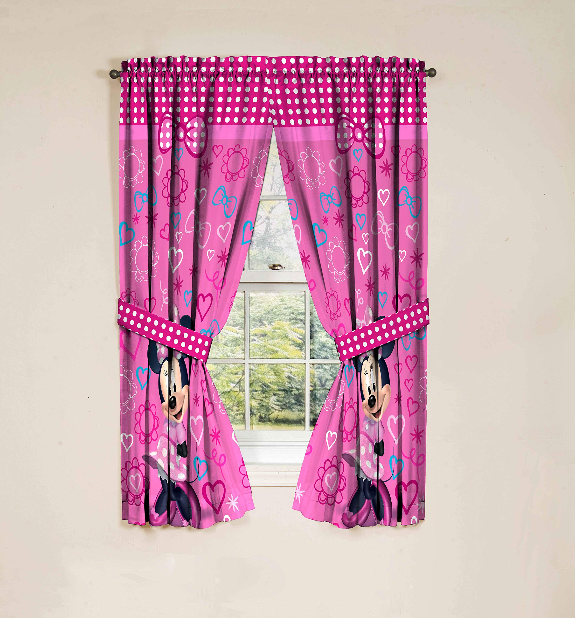 Jay Franco Kids Window Drapes - 4 Piece Curtain Set Includes 2 Tiebacks, Beautiful Bedding Room Décor and Easy Set Up, Pink - Minnie Mouse, 63 Inch