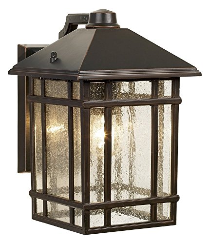 kathy ireland Sierra Craftsman Art Deco Outdoor Wall Light Fixture Rubbed Bronze Brown Steel 11" Frosted Seeded Glass Panels for Exterior House Porch Patio Outside Deck Garage Front Door Home