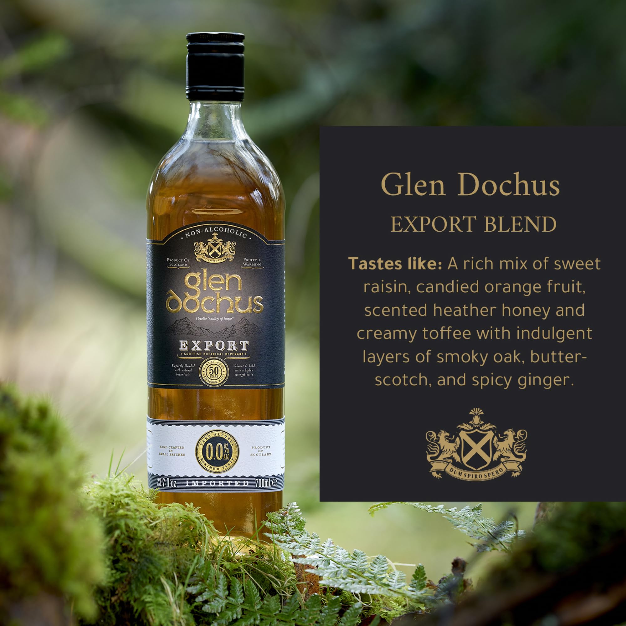Glen Dochus Export Blend Non Alcoholic Whiskey, Award Winning Aromatic and Warming Scottish Non Alcoholic Spirits - Halal, Low Sugar, Vegan and Gluten Free, Part of the Spirits of Virtue Range (700ml)